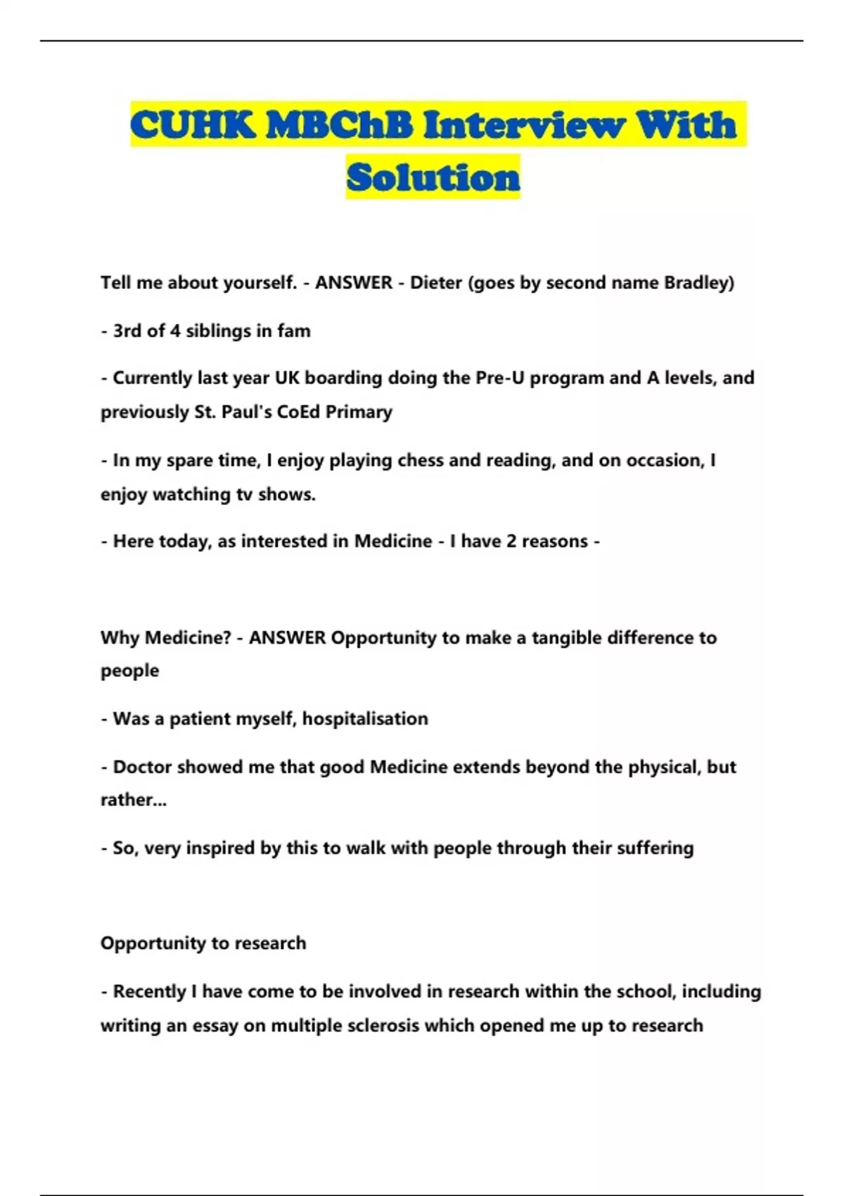 CUHK MBChB Interview With Solution - MBChB - Stuvia US