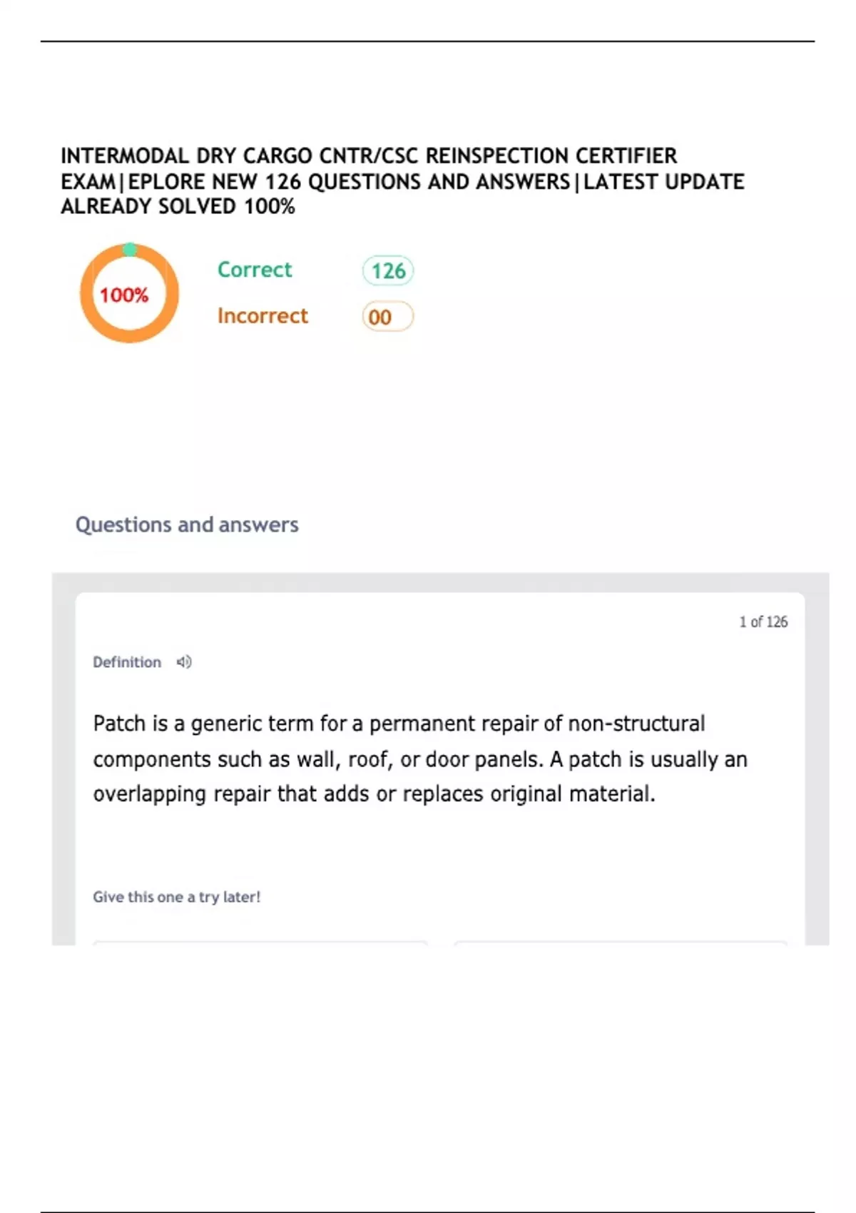 INTERMODAL DRY CARGO CNTR/CSC REINSPECTION CERTIFIER EXAM|EPLORE NEW 126 QUESTIONS AND ANSWERS ...