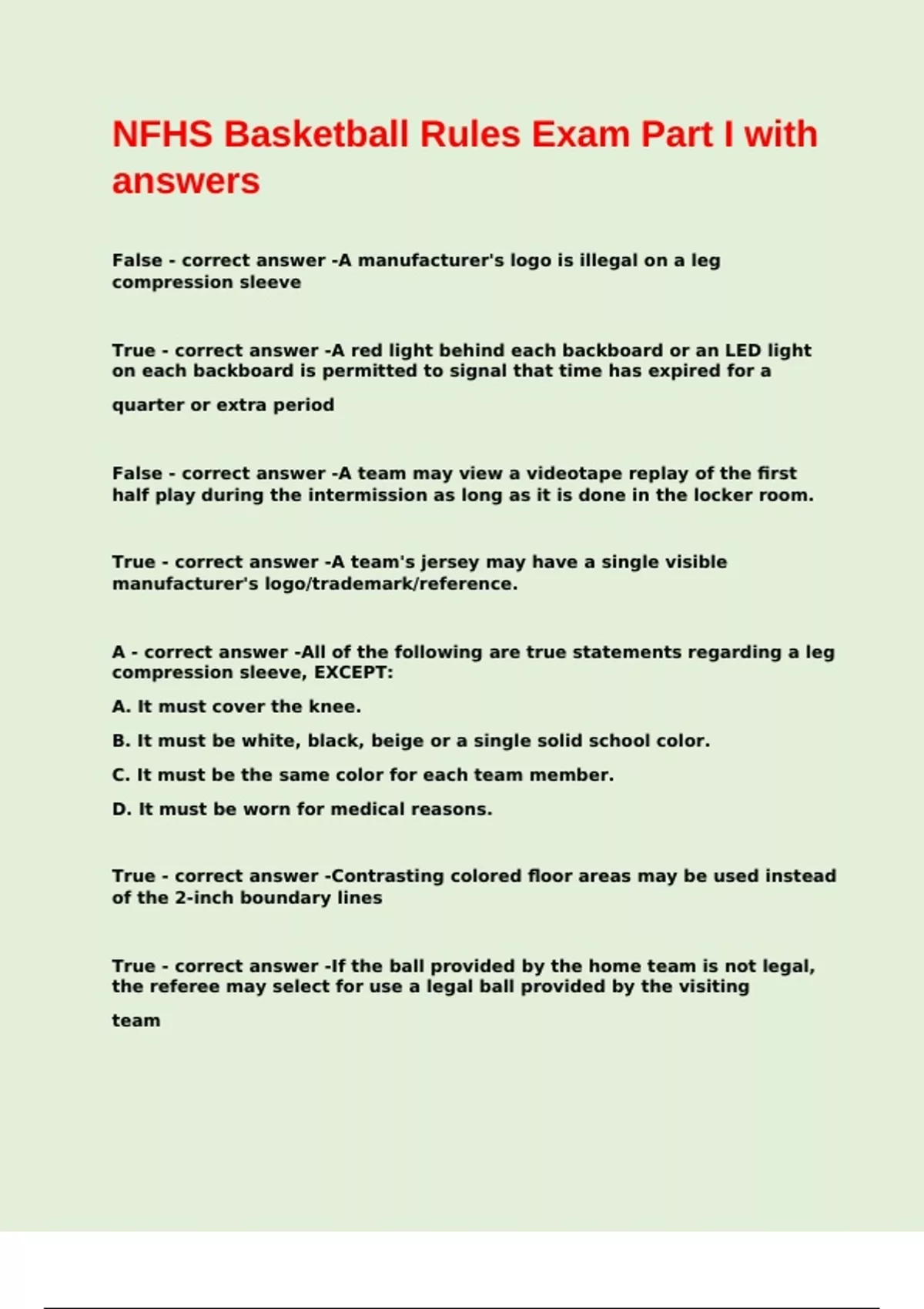 NFHS Basketball Rules Exam Part I with answers - NFHS Basketball - Stuvia US