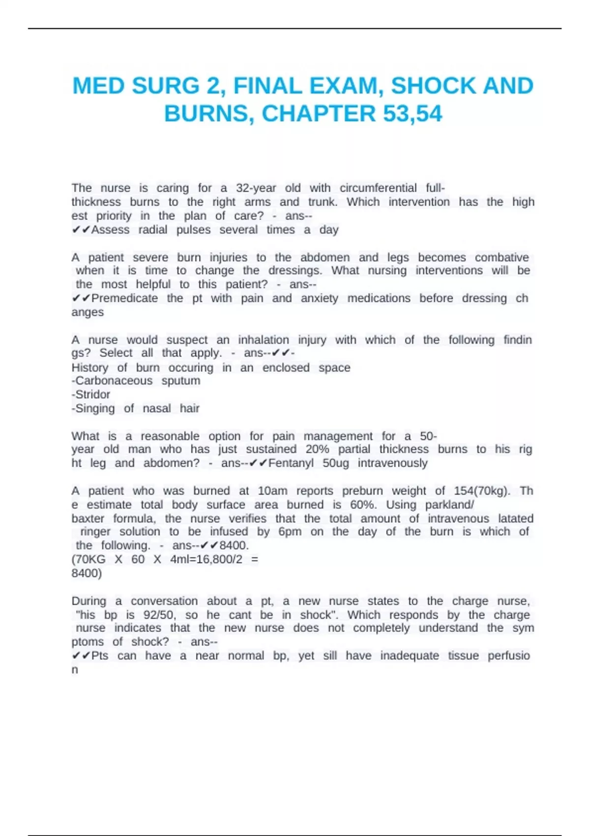 MED SURG 2, FINAL EXAM, SHOCK AND BURNS, CHAPTER 53,54 - Stuvia US