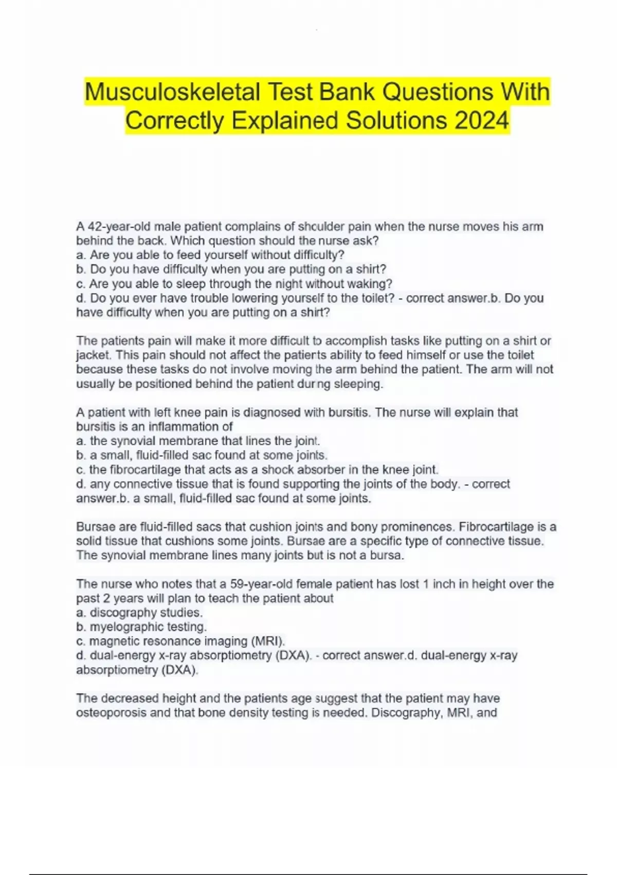 Musculoskeletal Test Bank Questions With Correctly Explained Solutions ...