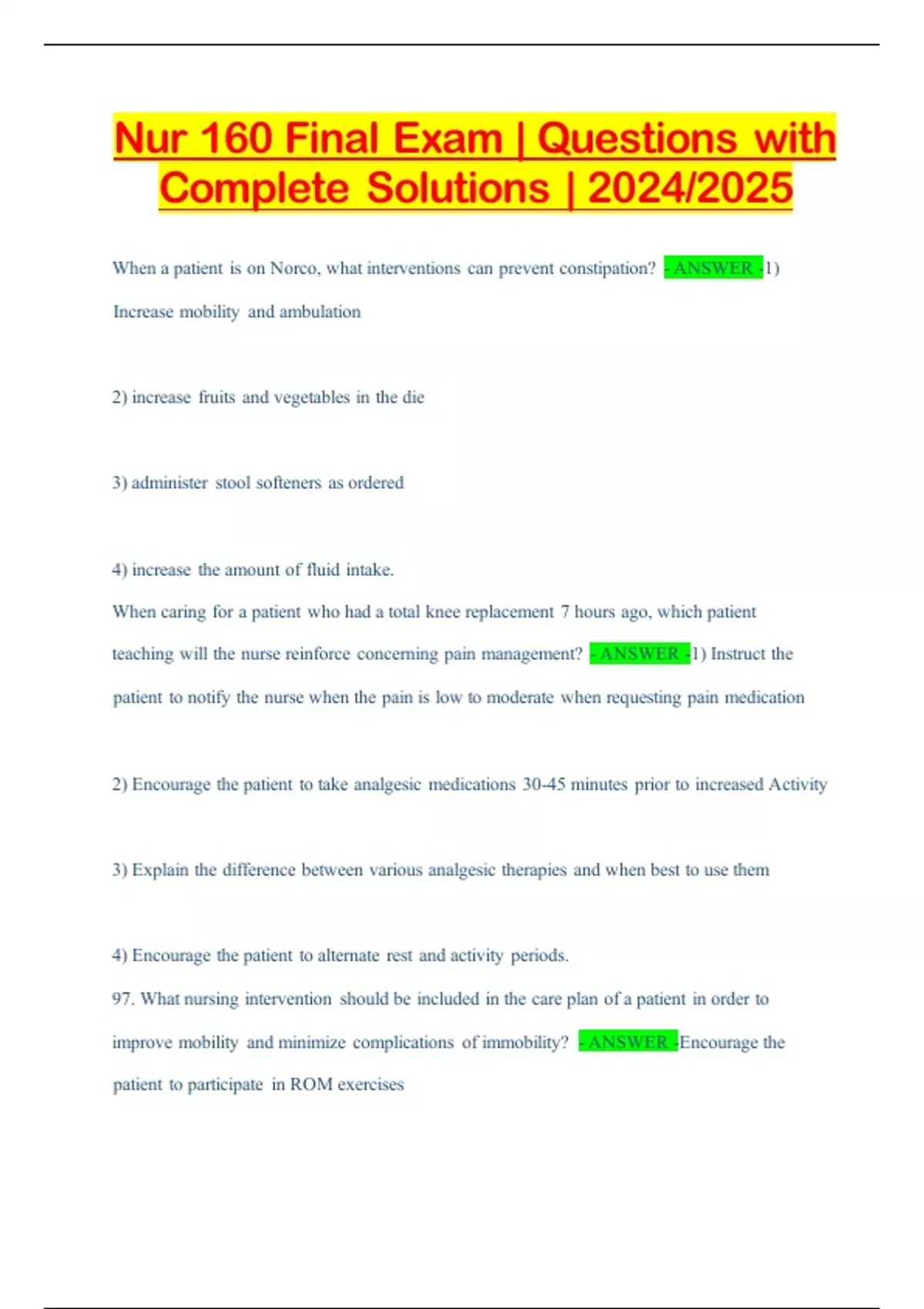 Nur 160 Final Exam | Questions with Complete Solutions | 2024/2025 ...