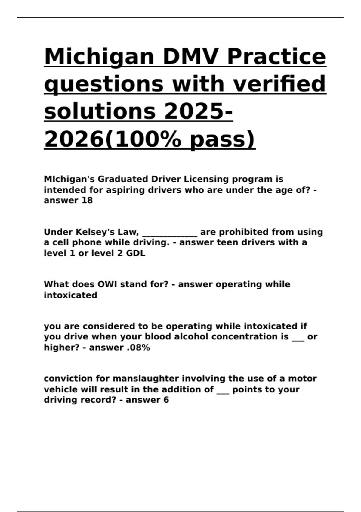 Michigan DMV Practice questions with verified solutions (100- pass ...