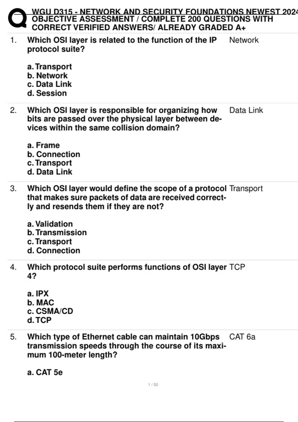 WGU D315 - NETWORK AND SECURITY FOUNDATIONS NEWEST 2024 OBJECTIVE ...