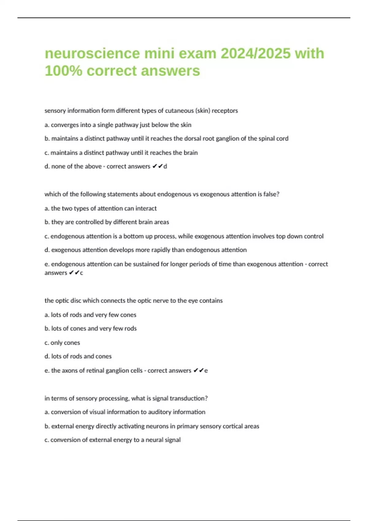 neuroscience mini exam 2024/2025 with 100% correct answers ...