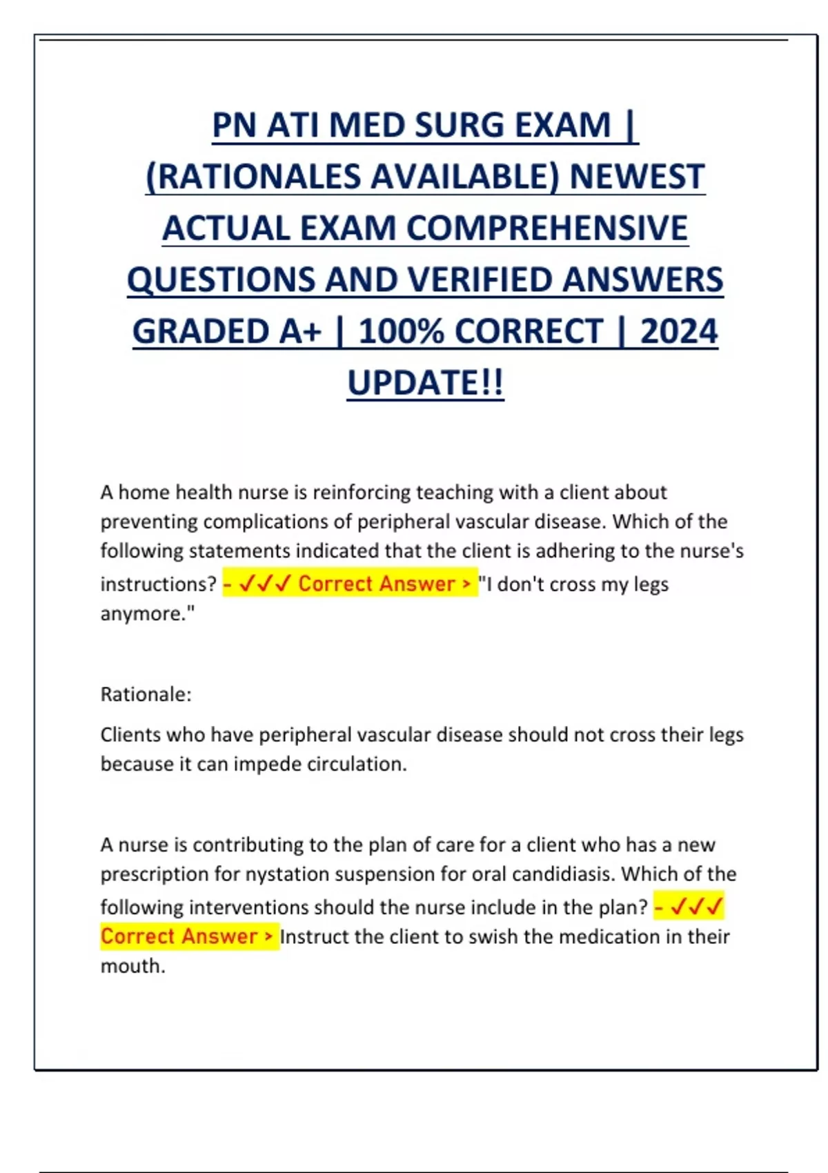 PN ATI MED SURG EXAM | (RATIONALES AVAILABLE) NEWEST ACTUAL EXAM ...