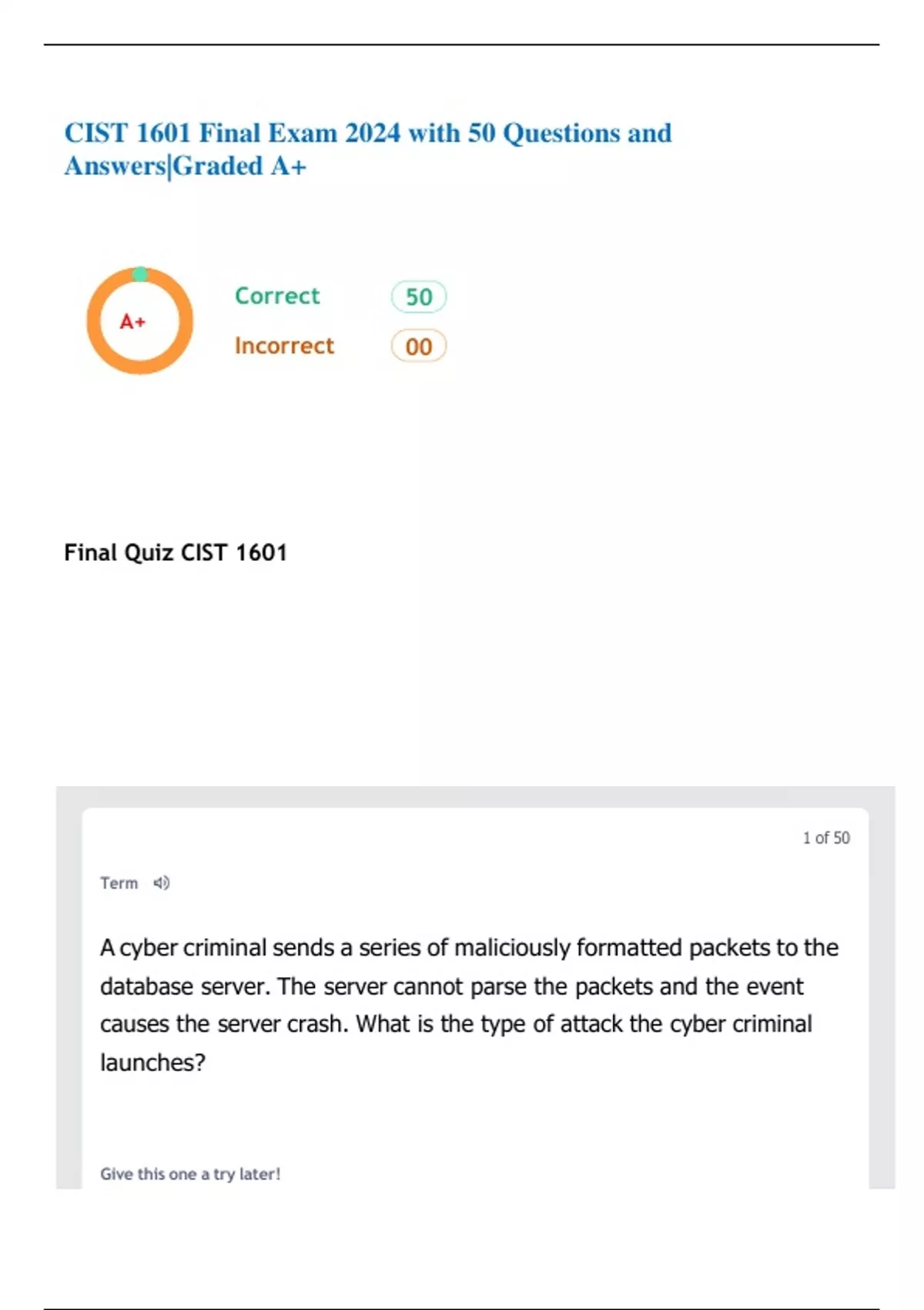 CIST 1601 Final Exam 2024 with 50 Questions and Answers|Graded A+ ...