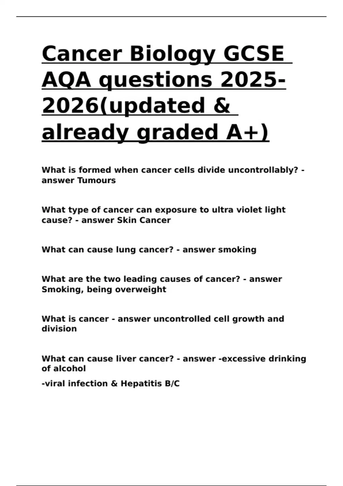 Cancer Biology GCSE AQA questions (updated & already graded A+ ...