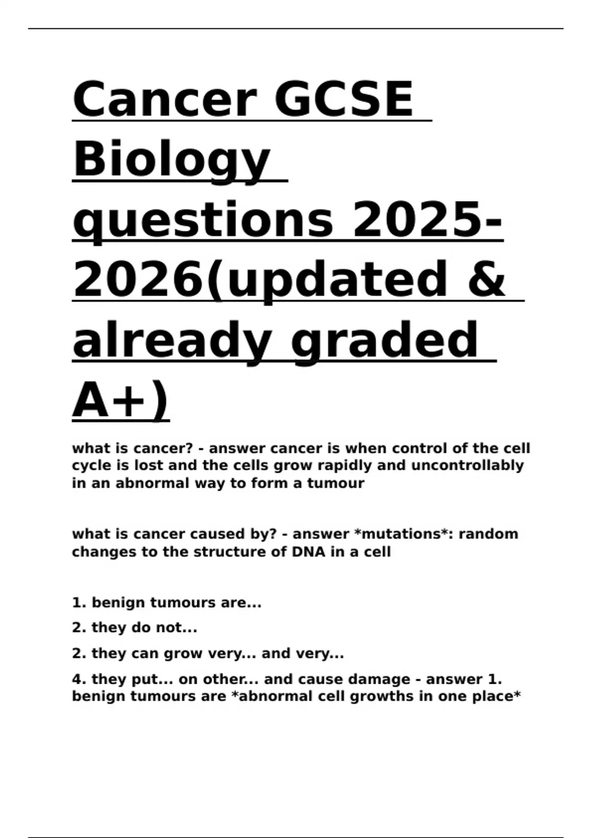 Cancer GCSE Biology questions (updated & already graded A+). - Cancer ...