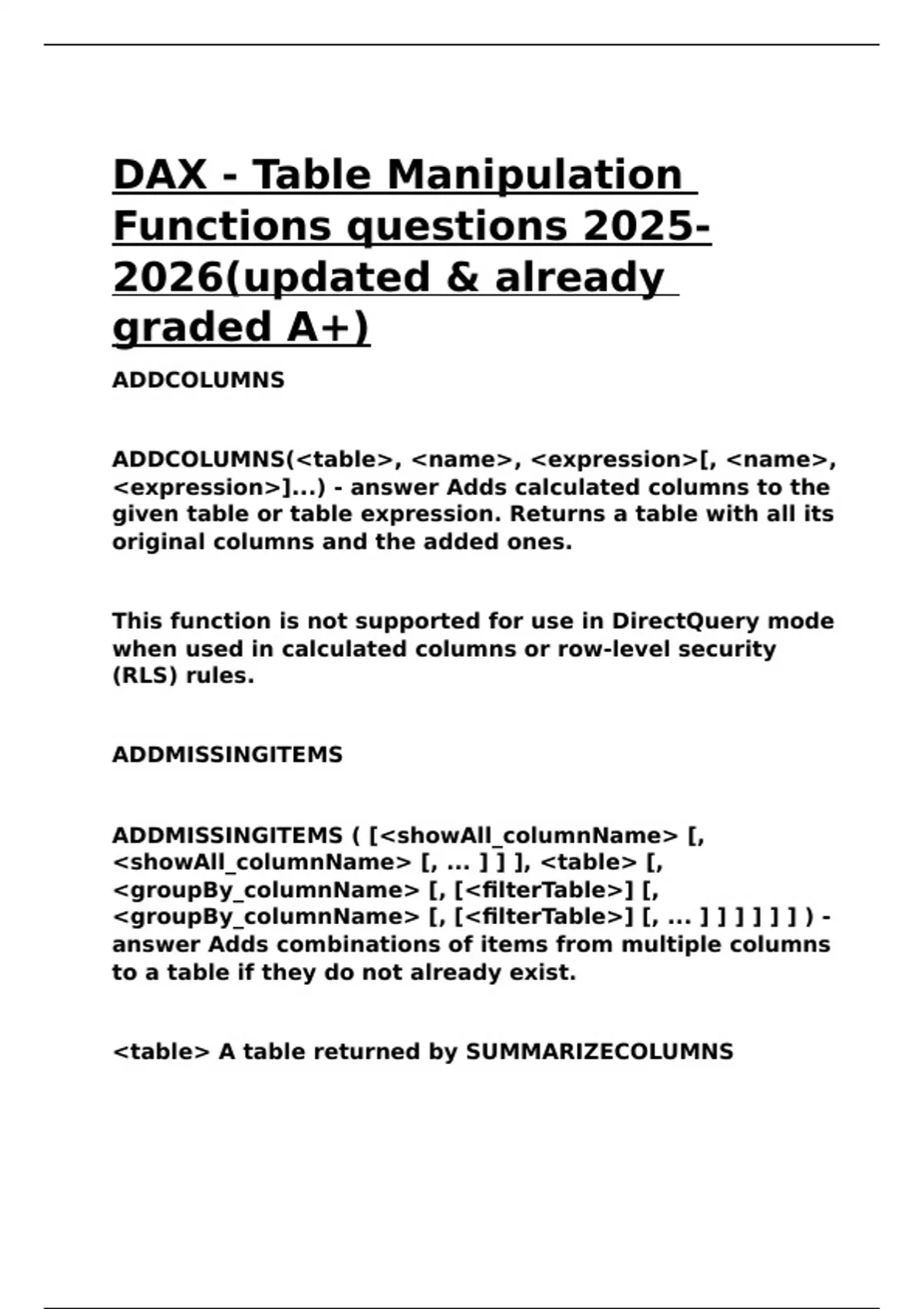DAX - Table Manipulation Functions questions (updated & already graded A+). - Power BI ...