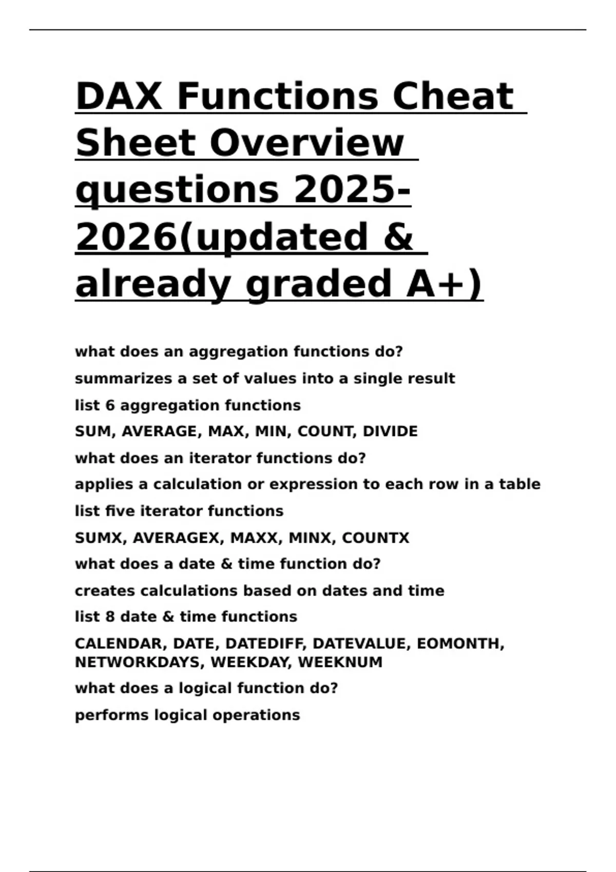 DAX Functions Cheat Sheet Overview questions (updated & already graded A+)DAX Functions Cheat ...