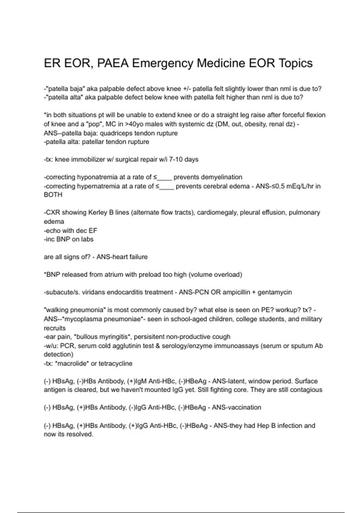 ER EOR, PAEA Emergency Medicine EOR Topics ( 2024/ 2025) Questions and ...