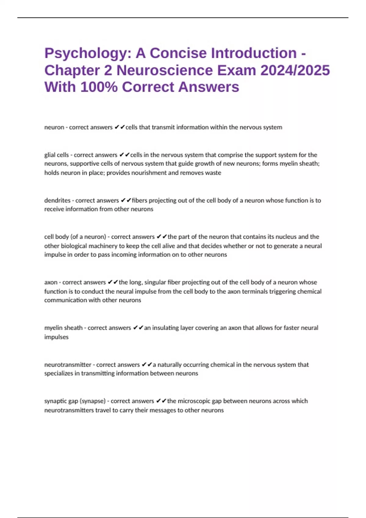 Psychology: A Concise Introduction - Chapter 2 Neuroscience Exam 2024/ ...