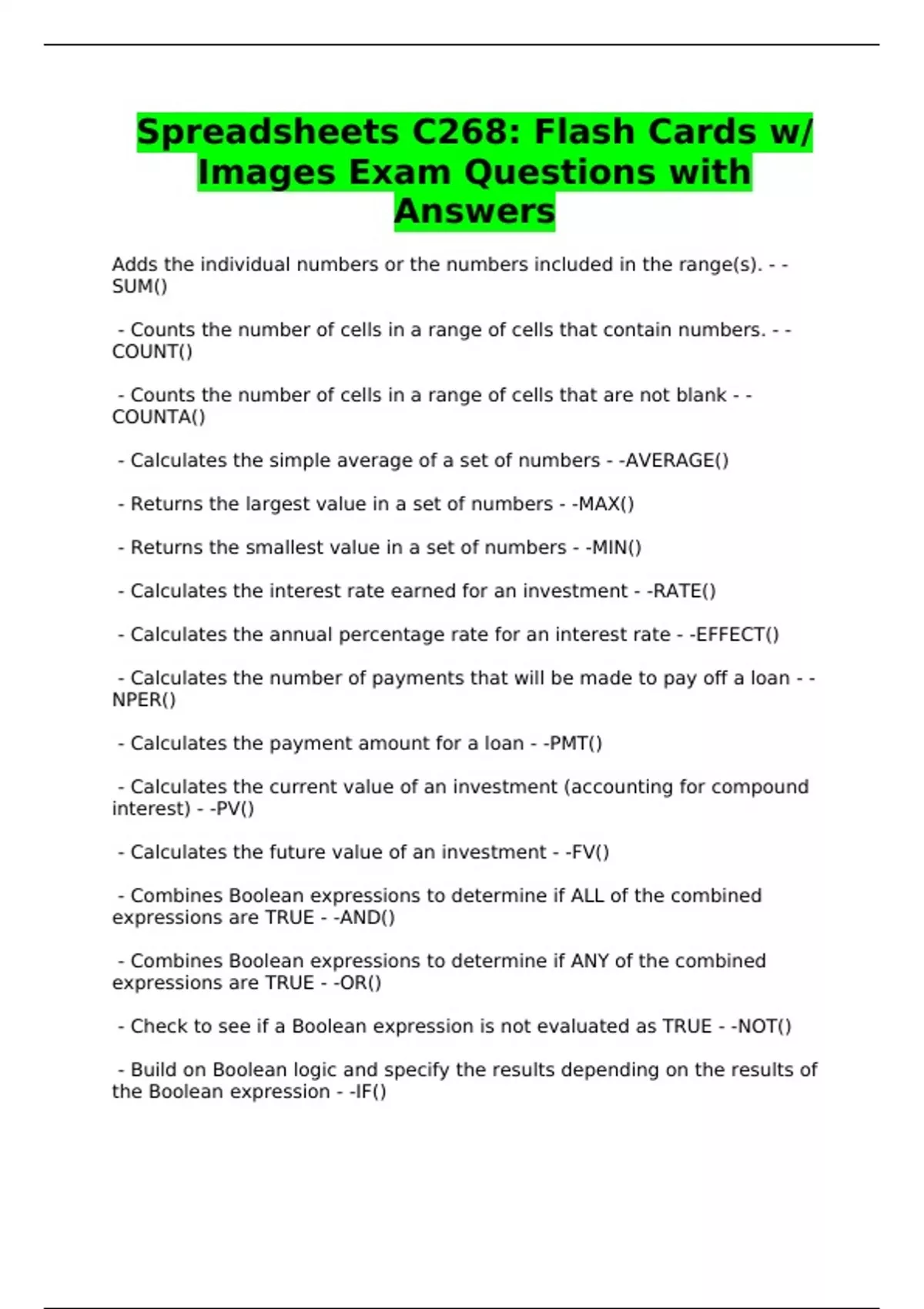 Spreadsheets C268: Flash Cards w/ Images Exam Questions with Answers ...