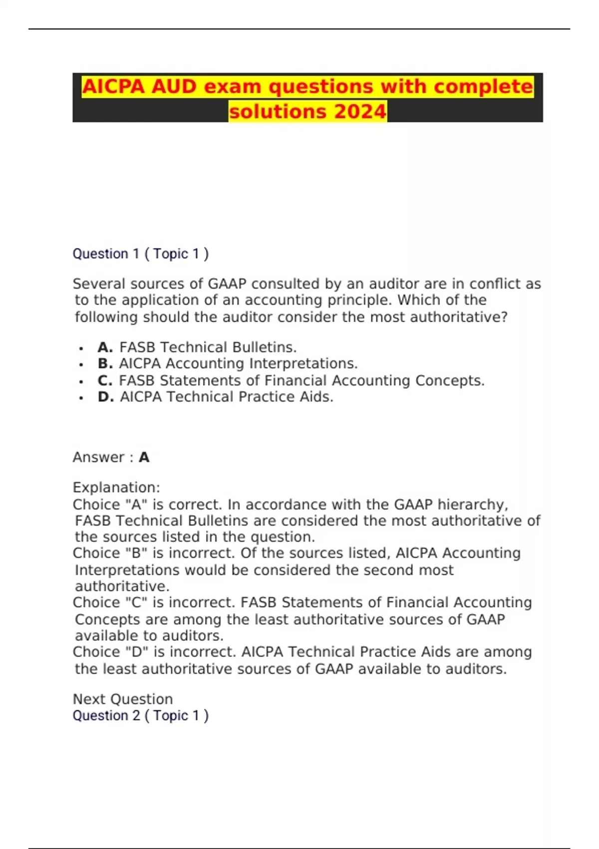AICPA AUD exam questions with complete solutions 2024. - AICPA - Stuvia US