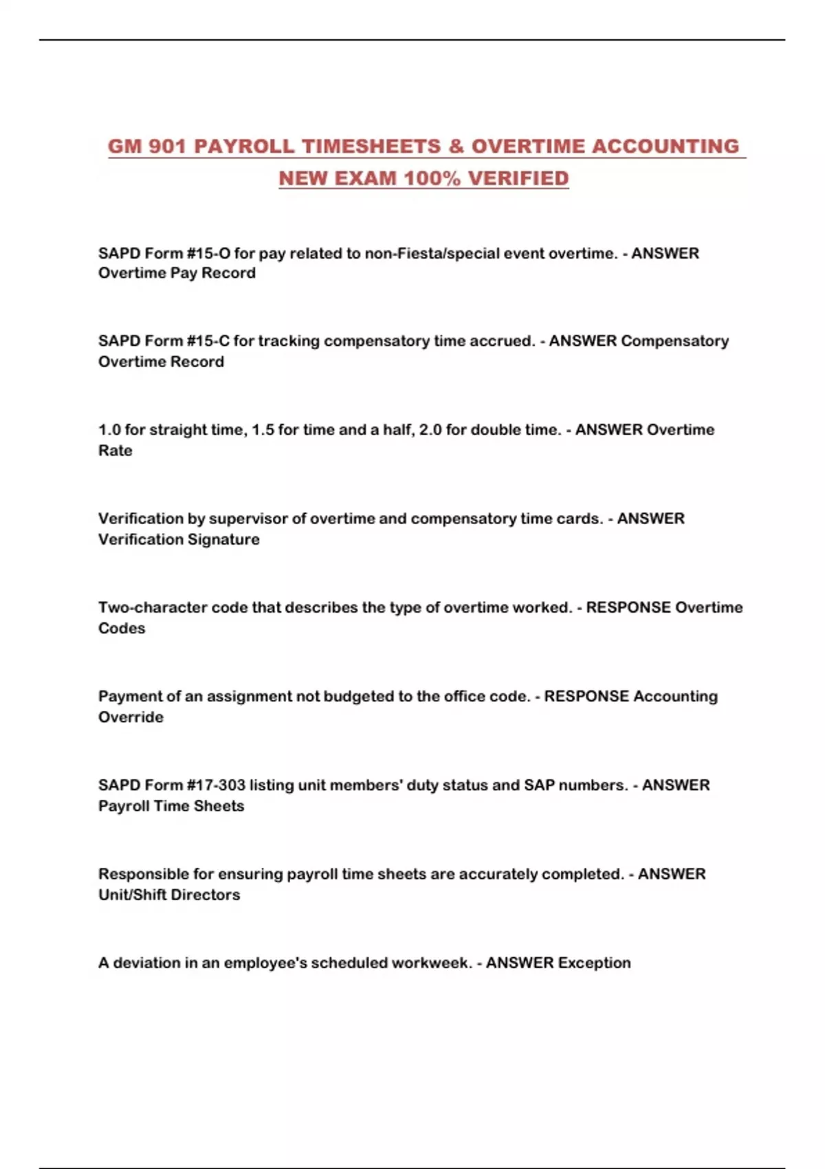 GM 901 PAYROLL TIMESHEETS & OVERTIME ACCOUNTING NEW EXAM 100% VERIFIED - GM 901 PAYROLL ...