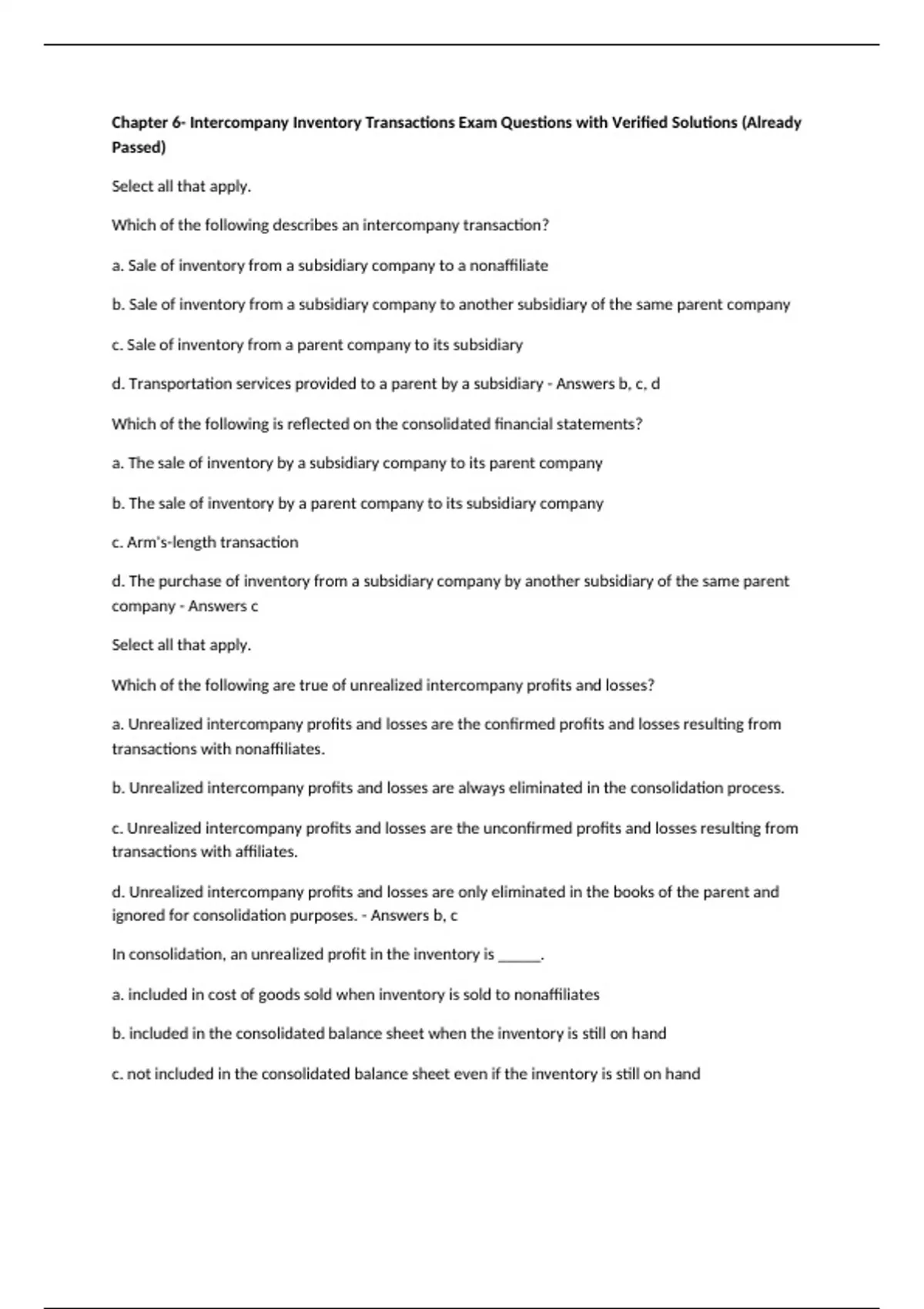 Chapter 6- Intercompany Inventory Transactions Exam Questions with Verified Solutions (Already ...