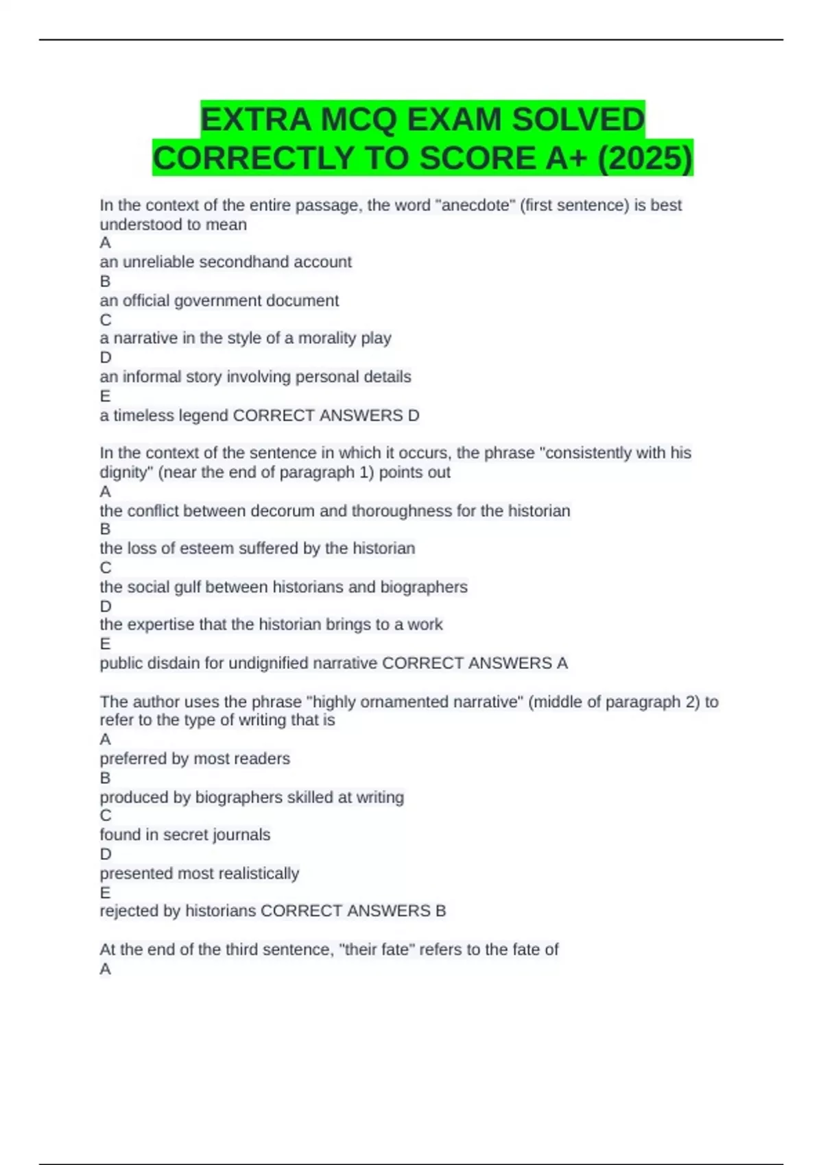 EXTRA MCQ EXAM SOLVED CORRECTLY TO SCORE A+ (2025) - EXTRA MCQ - Stuvia US