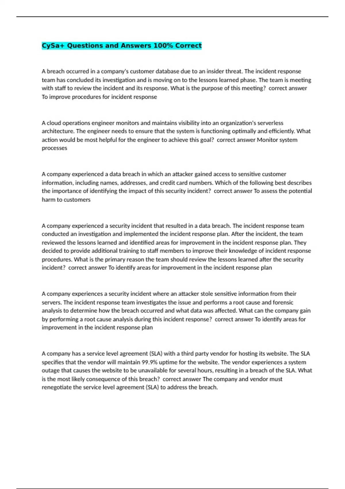 CySa+ Questions and Answers 100% Correct - CySa+ - Stuvia US