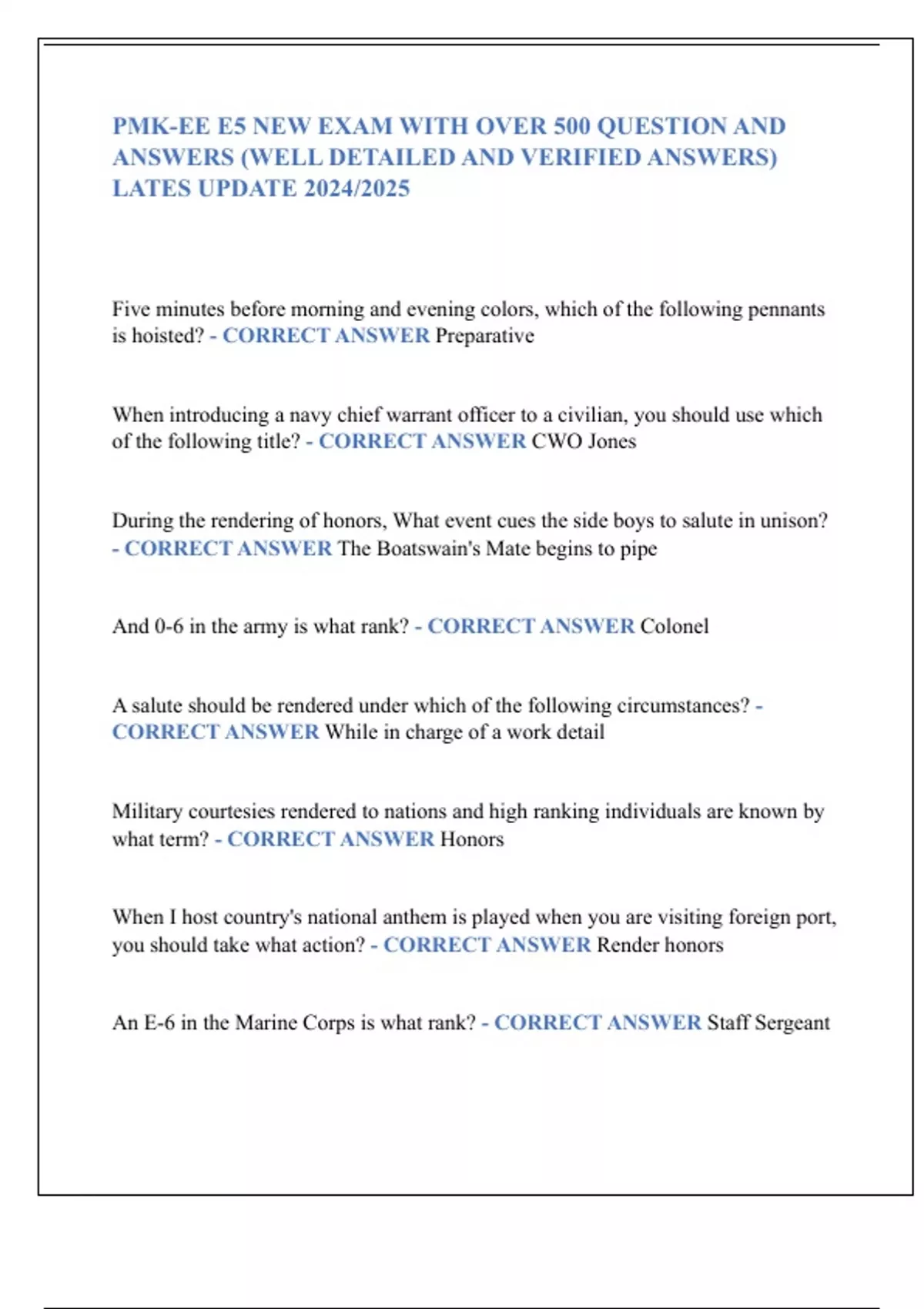 PMK-EE E5 NEW EXAM WITH OVER 500 QUESTION AND ANSWERS (WELL DETAILED ...