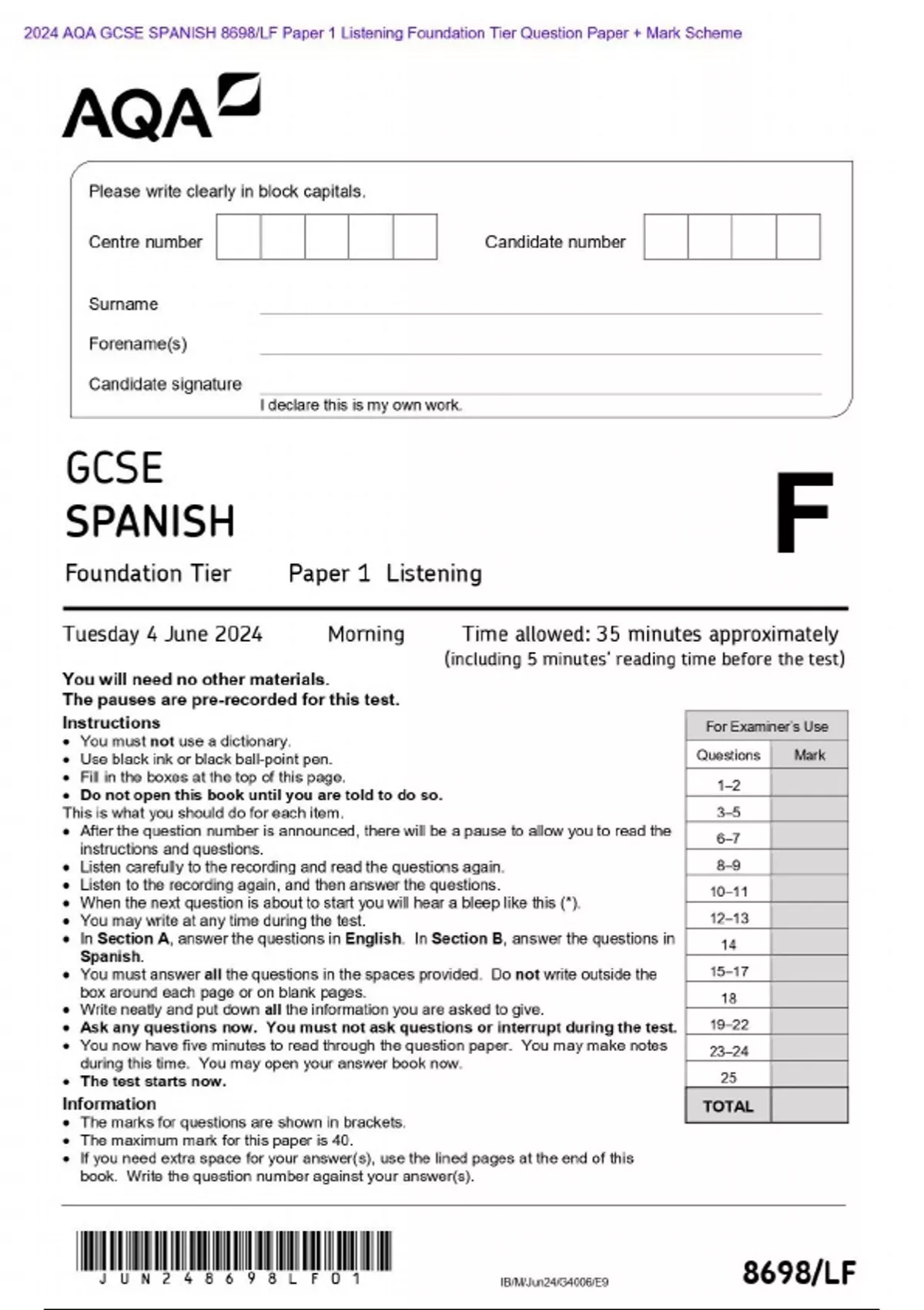 .2024 AQA GCSE SPANISH 8698/LF Paper 1 Listening Foundation Tier ...