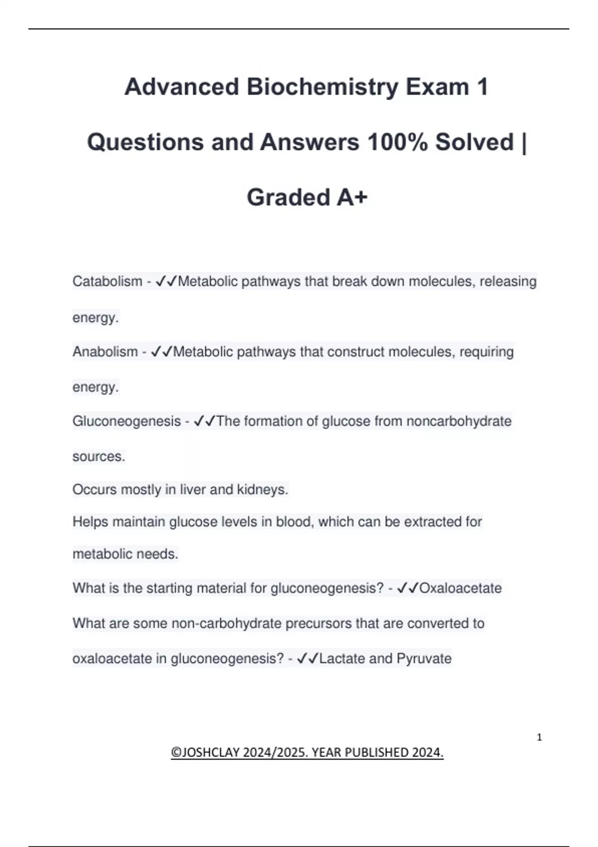 Advanced Biochemistry Exam 1 Questions and Answers 100% Solved | Graded ...