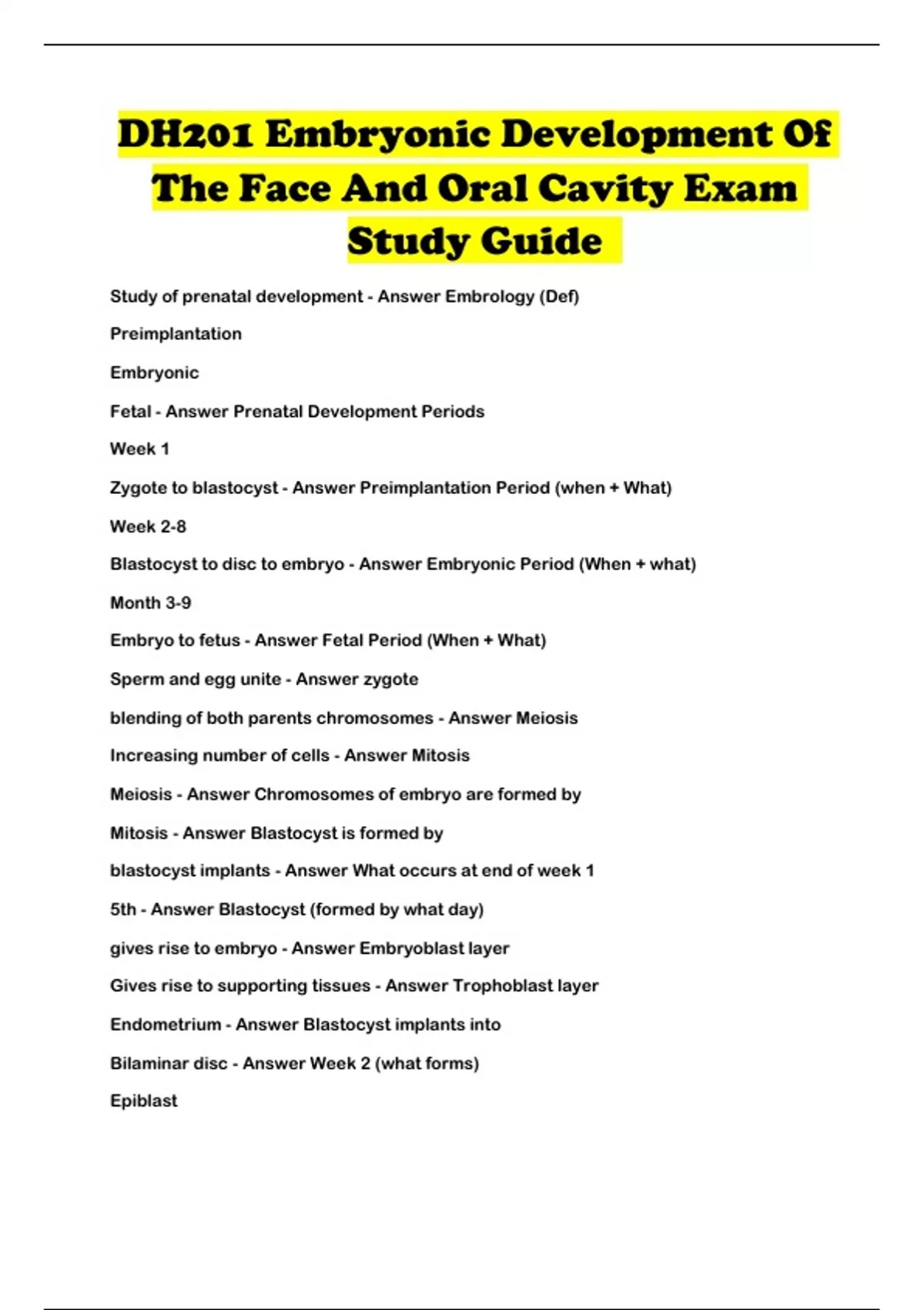 DH201 Embryonic Development Of The Face And Oral Cavity Exam Study ...