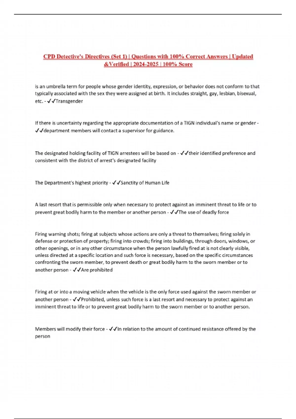 CPD Detective's Directives (Set 1) | Questions with 100% Correct ...