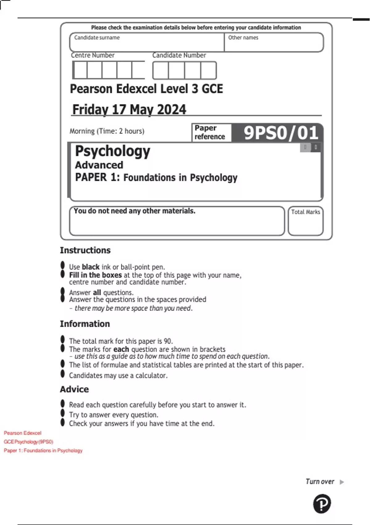 2024 Pearson Edexcel GCE Psychology (9PS0) Paper 1: Foundations in ...