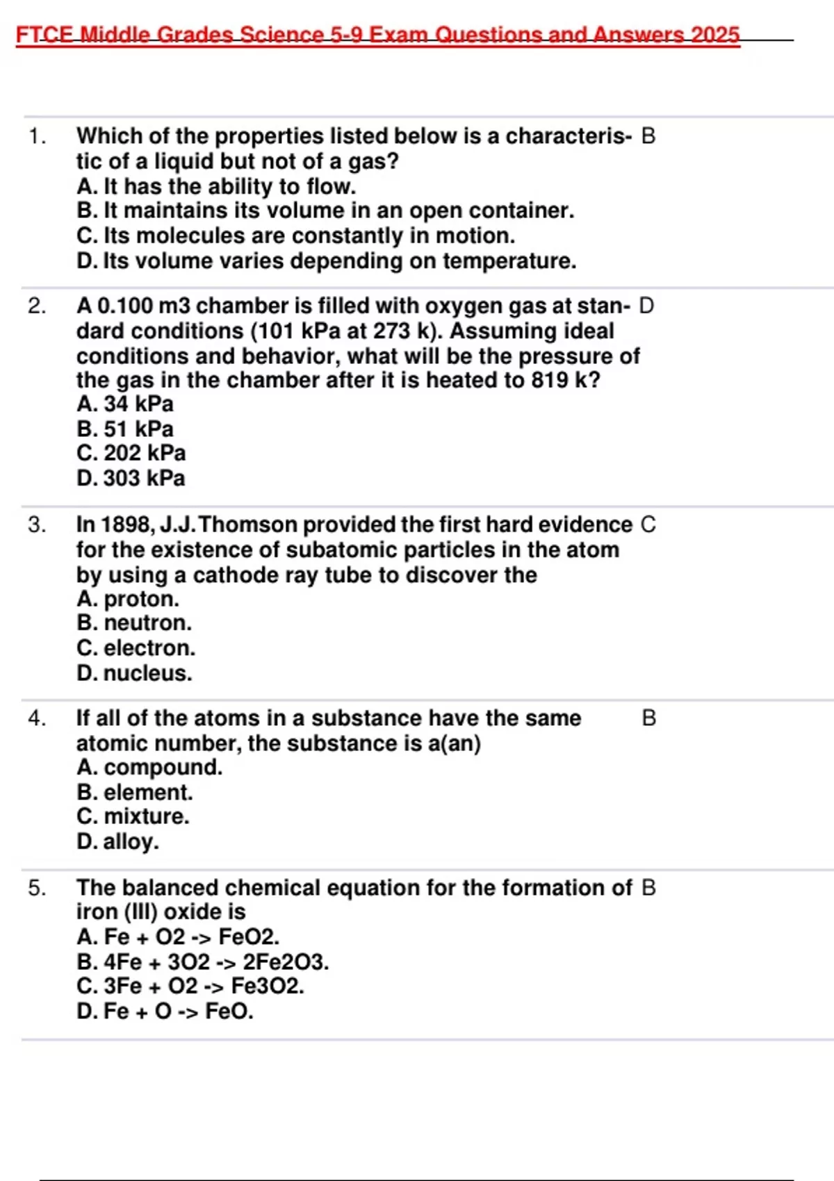FTCE Middle Grades Science 5-9 Exam Questions and Answers 2025 - FTCE ...