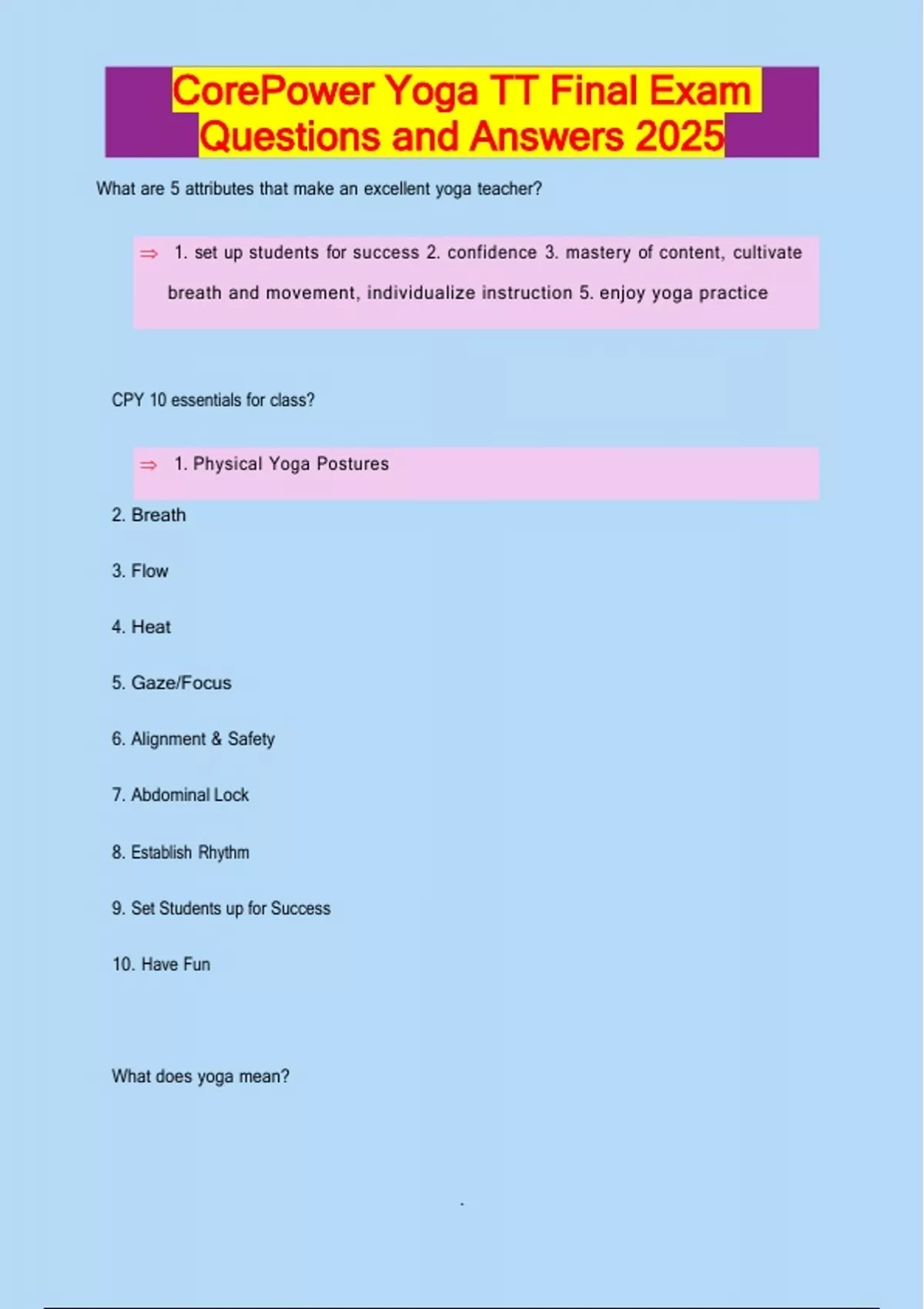 CorePower Yoga TT Final Exam Questions and Answers 2025 - CorePower ...