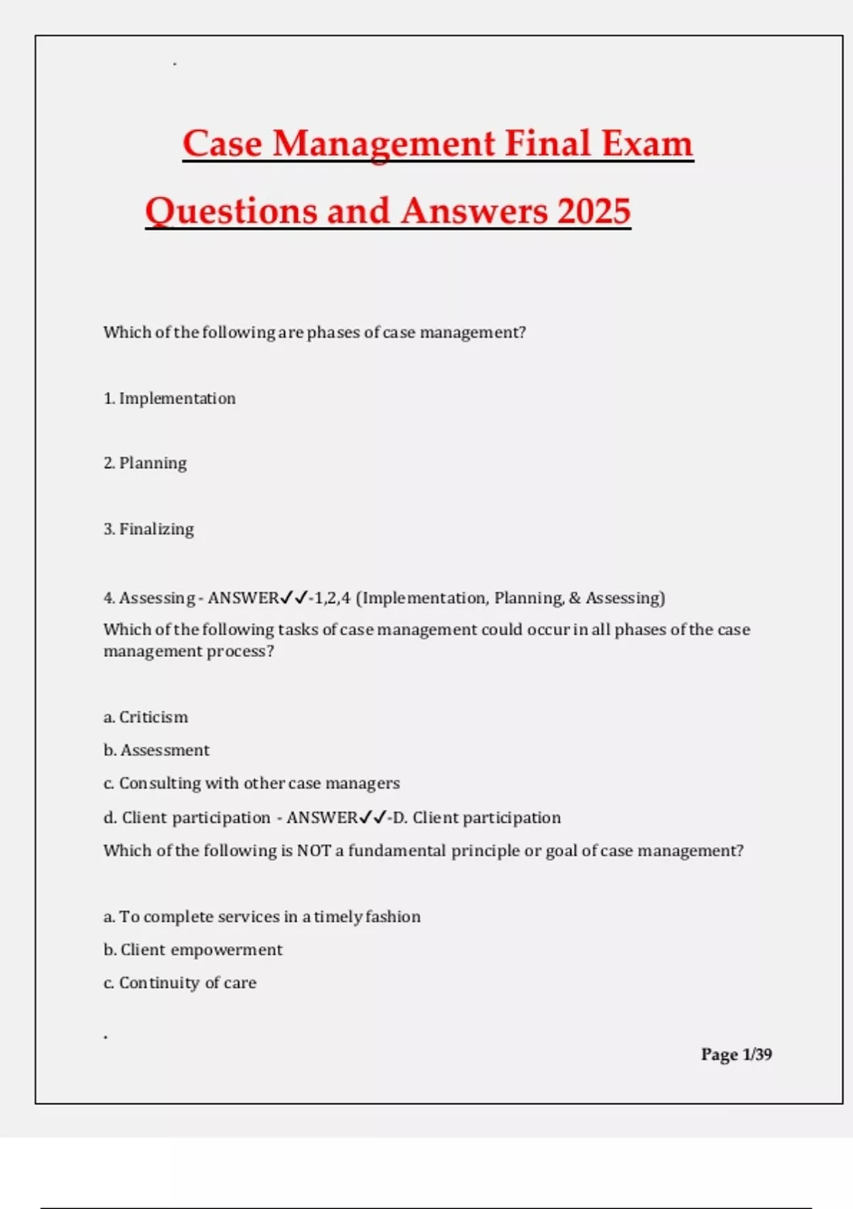 Case Management Final Exam Questions and Answers 2025 - Case Management - Stuvia US