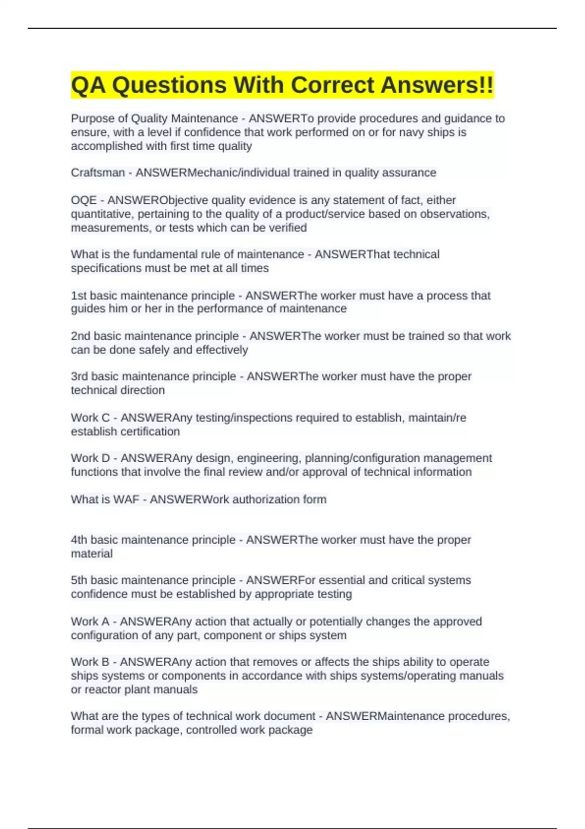 QA Questions With Correct Answers!! - QA Ques - Stuvia US