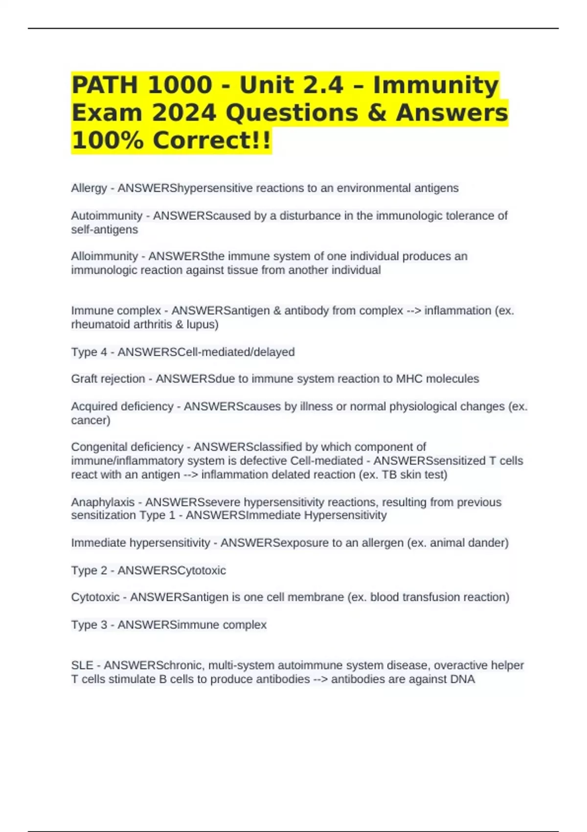 PATH 1000 - Unit 2.4 – Immunity Exam 2024 Questions & Answers 100% ...