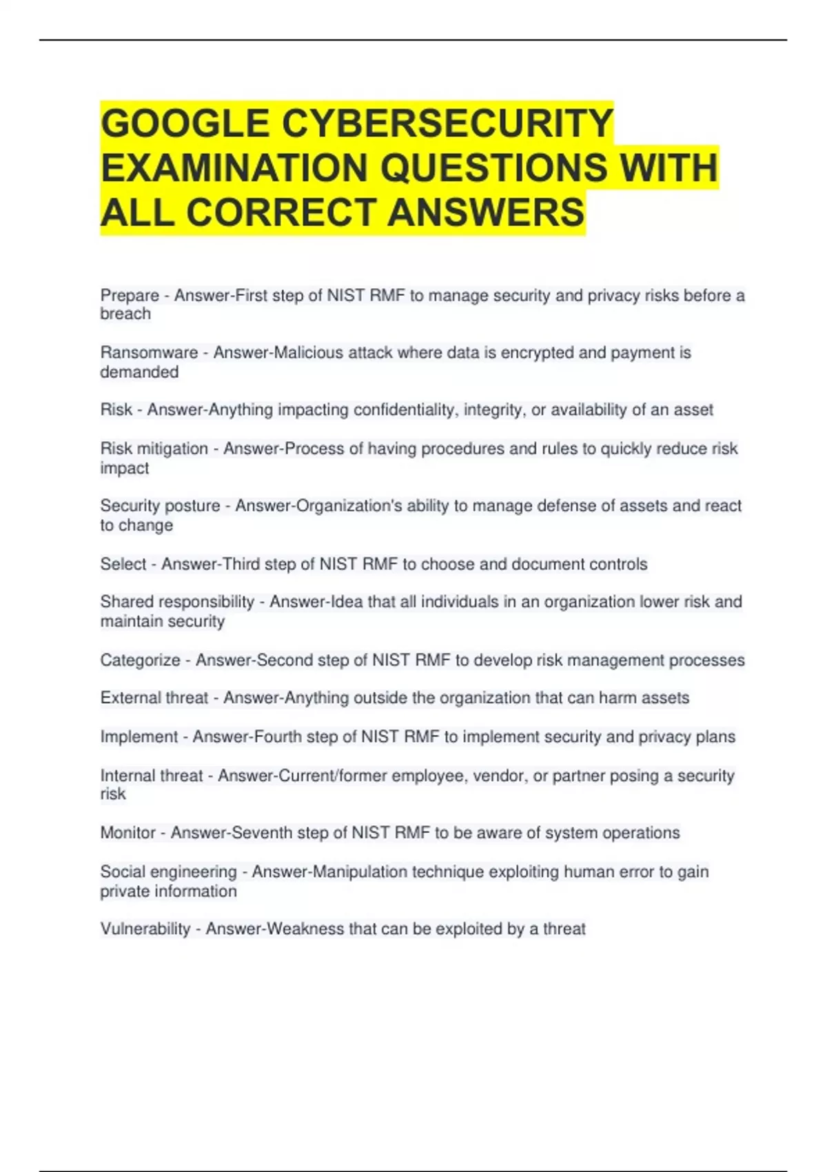 GOOGLE CYBERSECURITY EXAMINATION QUESTIONS WITH ALL CORRECT ANSWERS - GOOGLE CYBERSECURITY ...