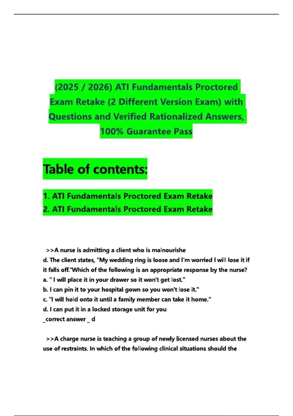 ATI Fundamentals Proctored Exam Retake (2 Different Version Exam) (2025 ...