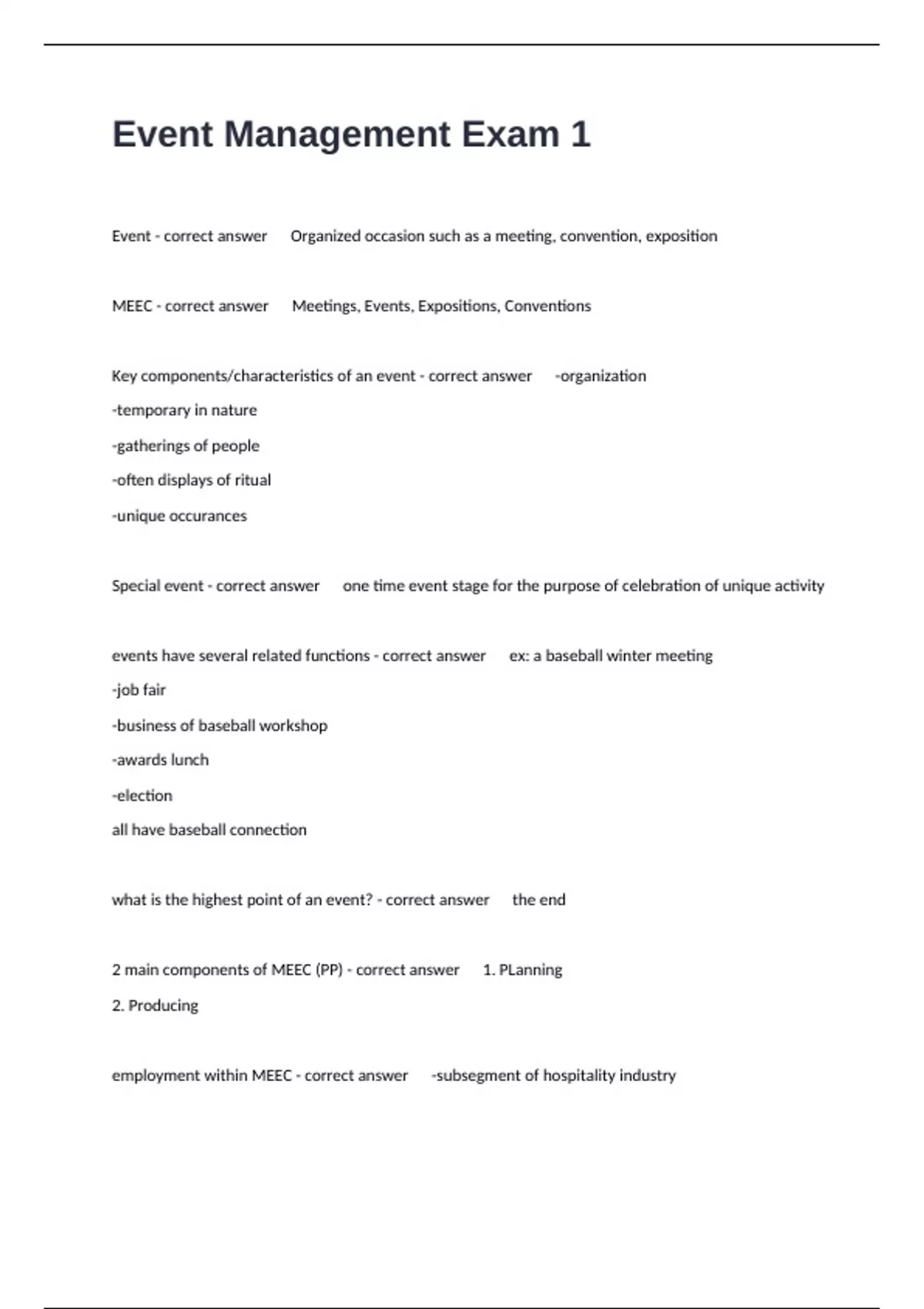 Event Management Exam 1 Actual Questions With Correct Answers Well ...