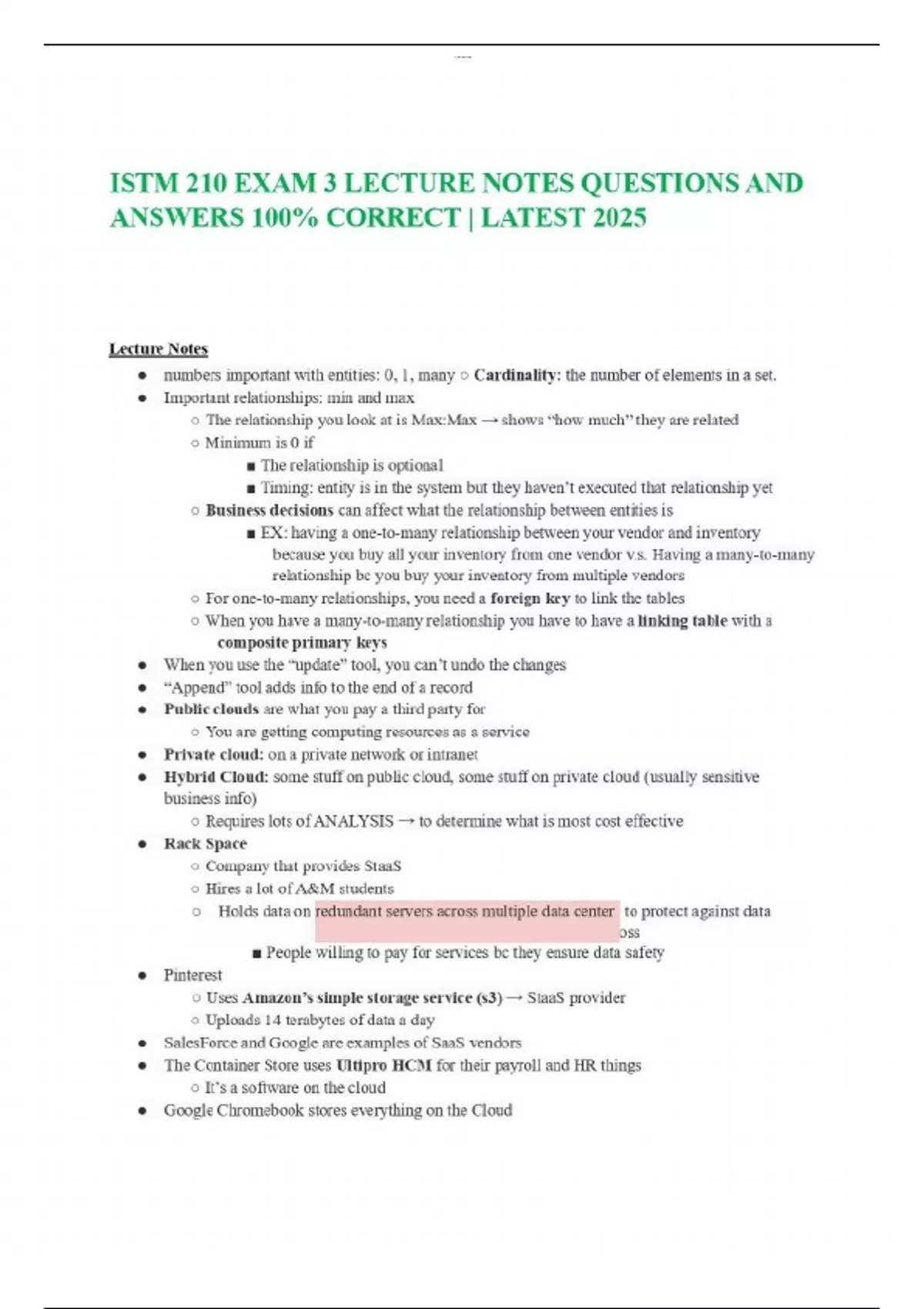 ISTM 210 EXAM 3 LECTURE NOTES QUESTIONS AND ANSWERS 100% CORRECT ...