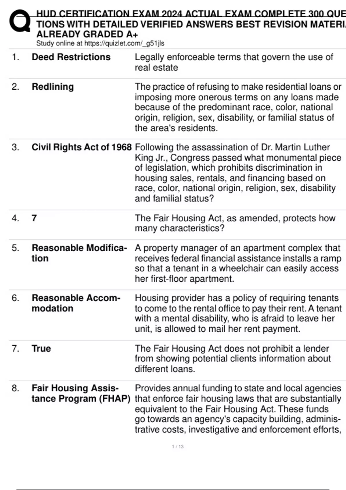 HUD CERTIFICATION EXAM 2024 ACTUAL EXAM COMPLETE 300 QUES TIONS WITH DETAILED VERIFIED ANSWERS ...