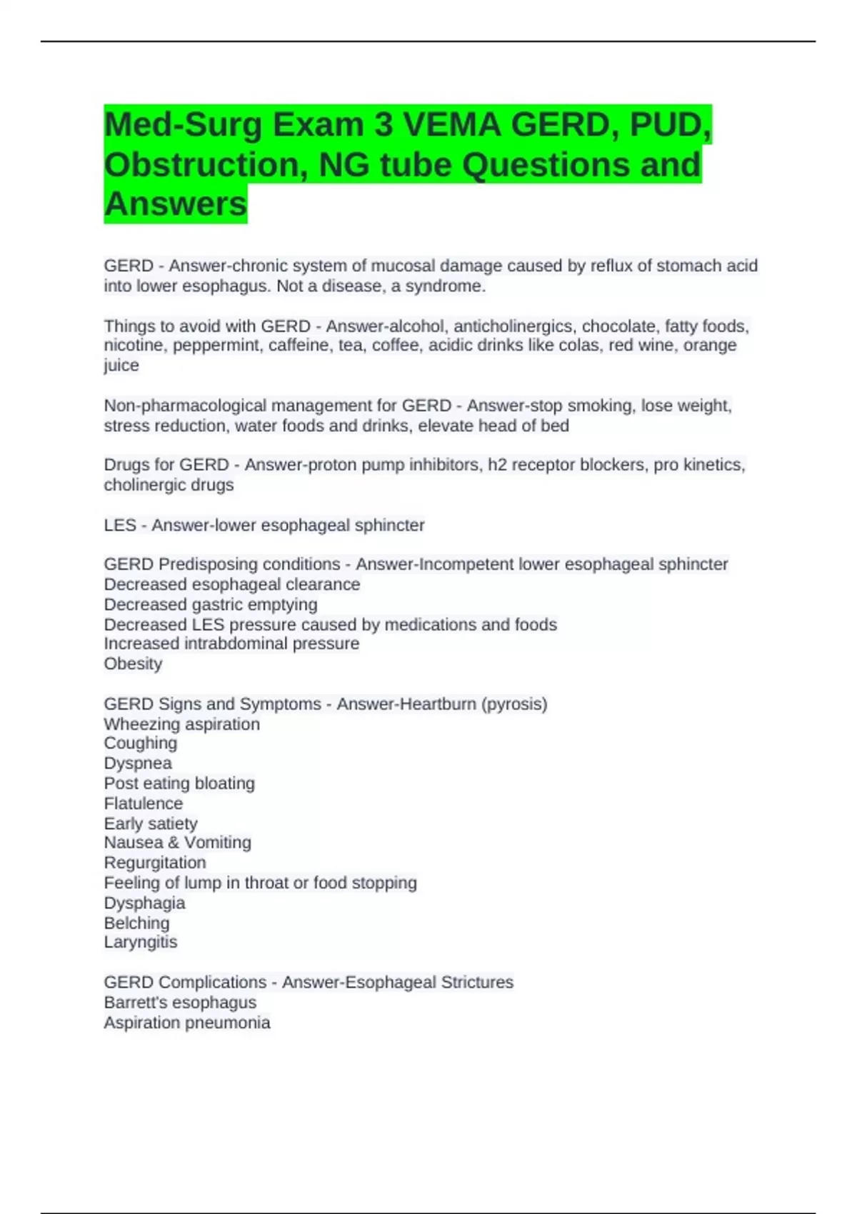 Med-Surg Exam 3 VEMA GERD, PUD, Obstruction, NG tube Questions and ...