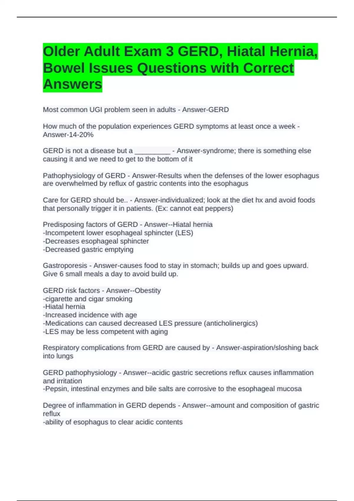 Older Adult Exam 3 GERD, Hiatal Hernia, Bowel Issues Questions with ...