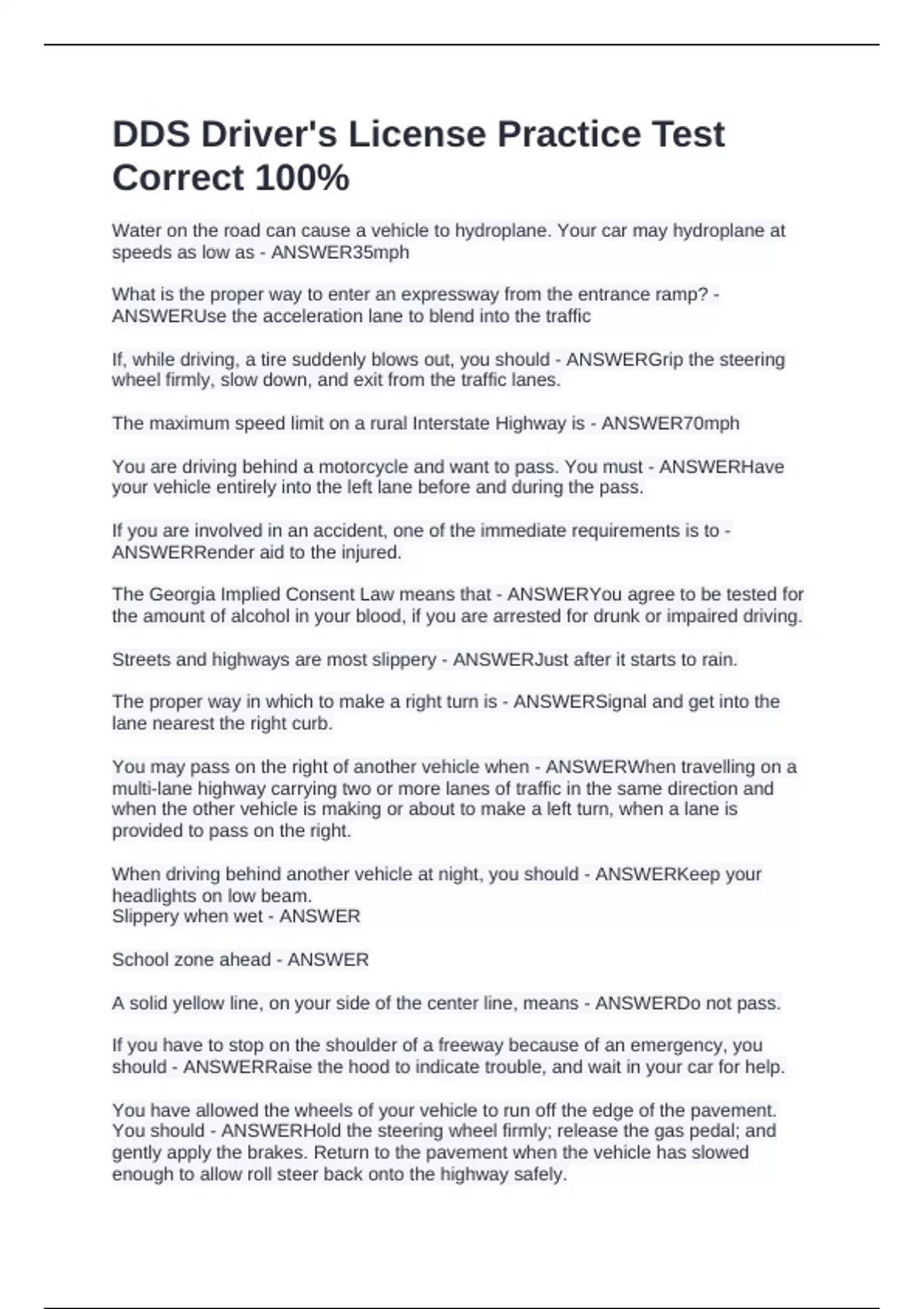 DDS Driver's License Practice Test Correct 100% - Georgia Defensive ...