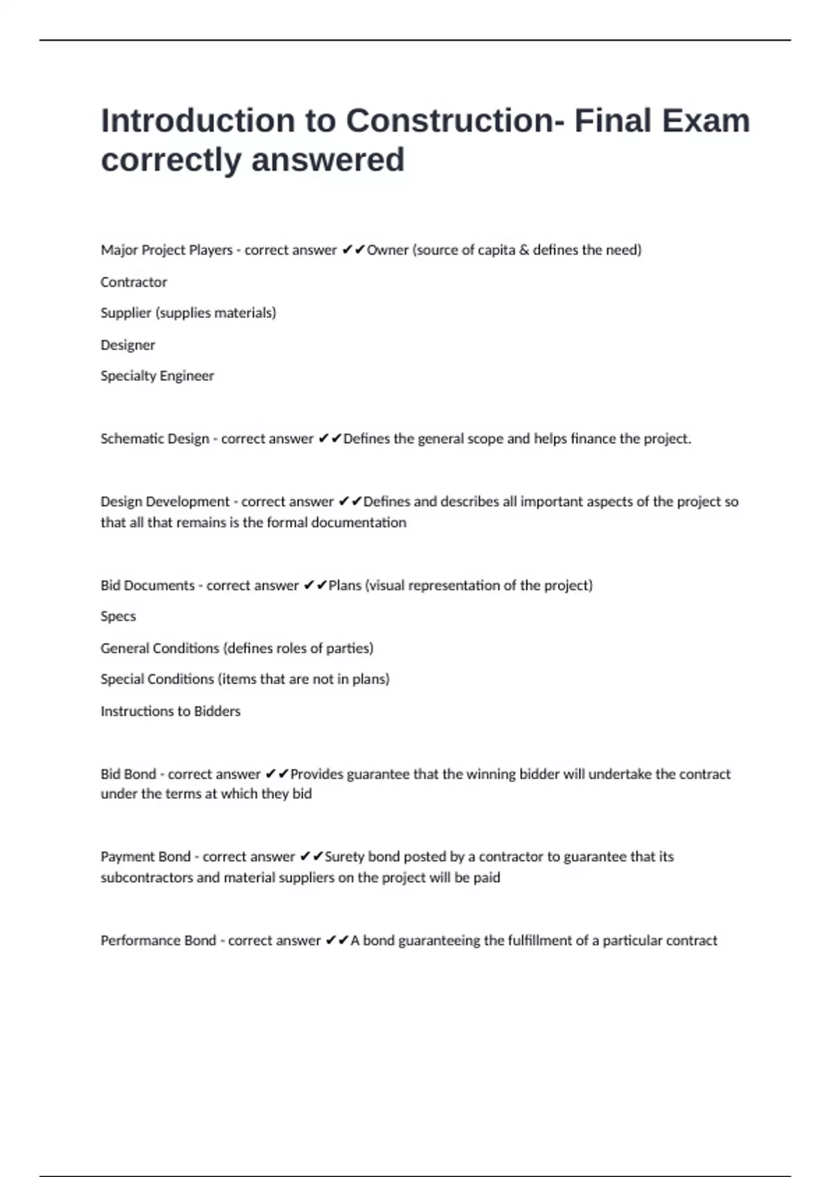 Introduction to Construction- Final Exam correctly answered ...