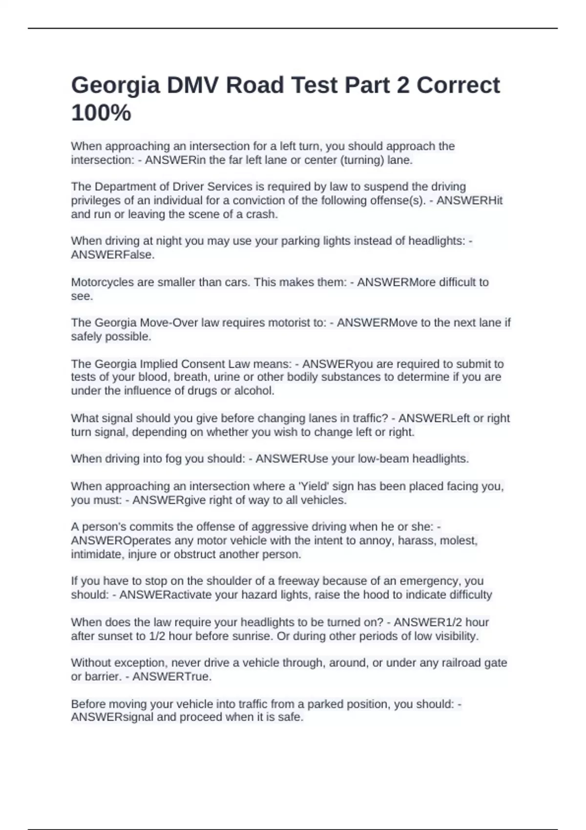 Georgia DMV Road Test Part 2 Correct 100% - Georgia Defensive Driver ...