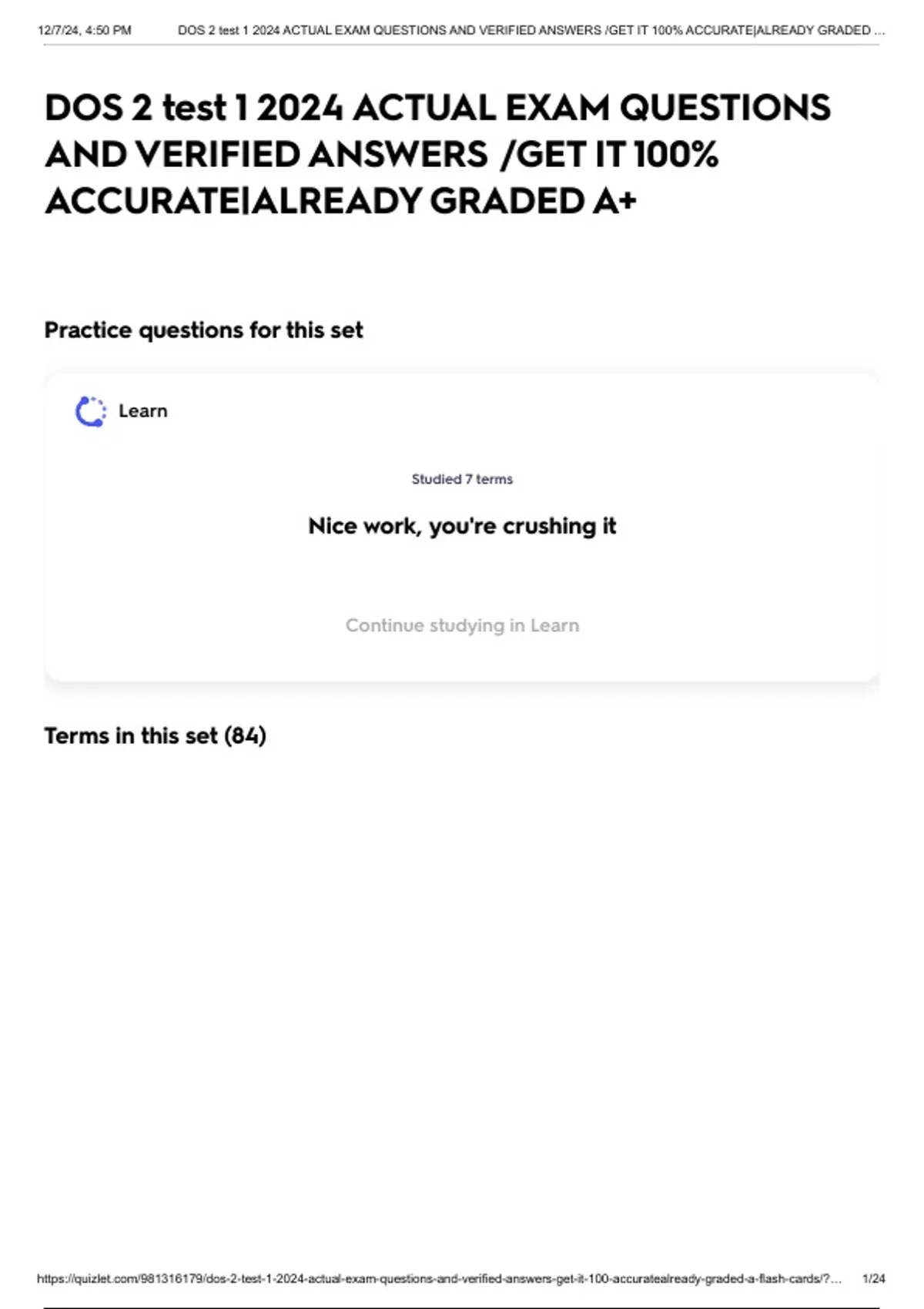 DOS 2 test 1 2024 ACTUAL EXAM QUESTIONS AND VERIFIED ANSWERS /GET IT ...