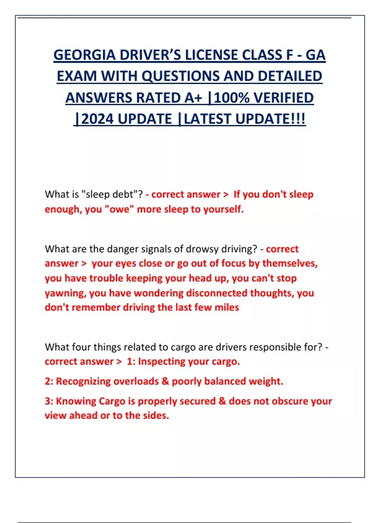 GEORGIA DRIVER’S LICENSE CLASS F - GA EXAM WITH QUESTIONS AND DETAILED ...