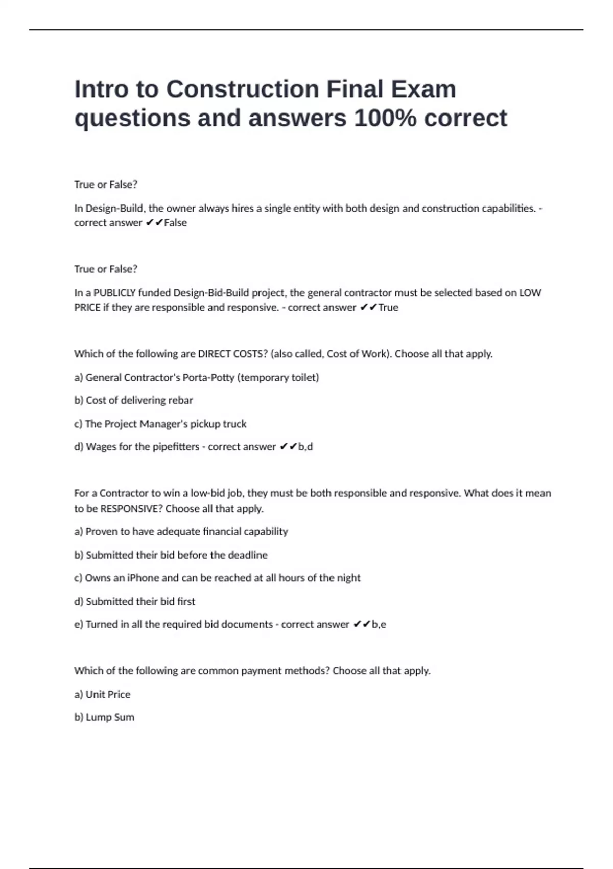 Intro to Construction Final Exam questions and answers 100% correct ...