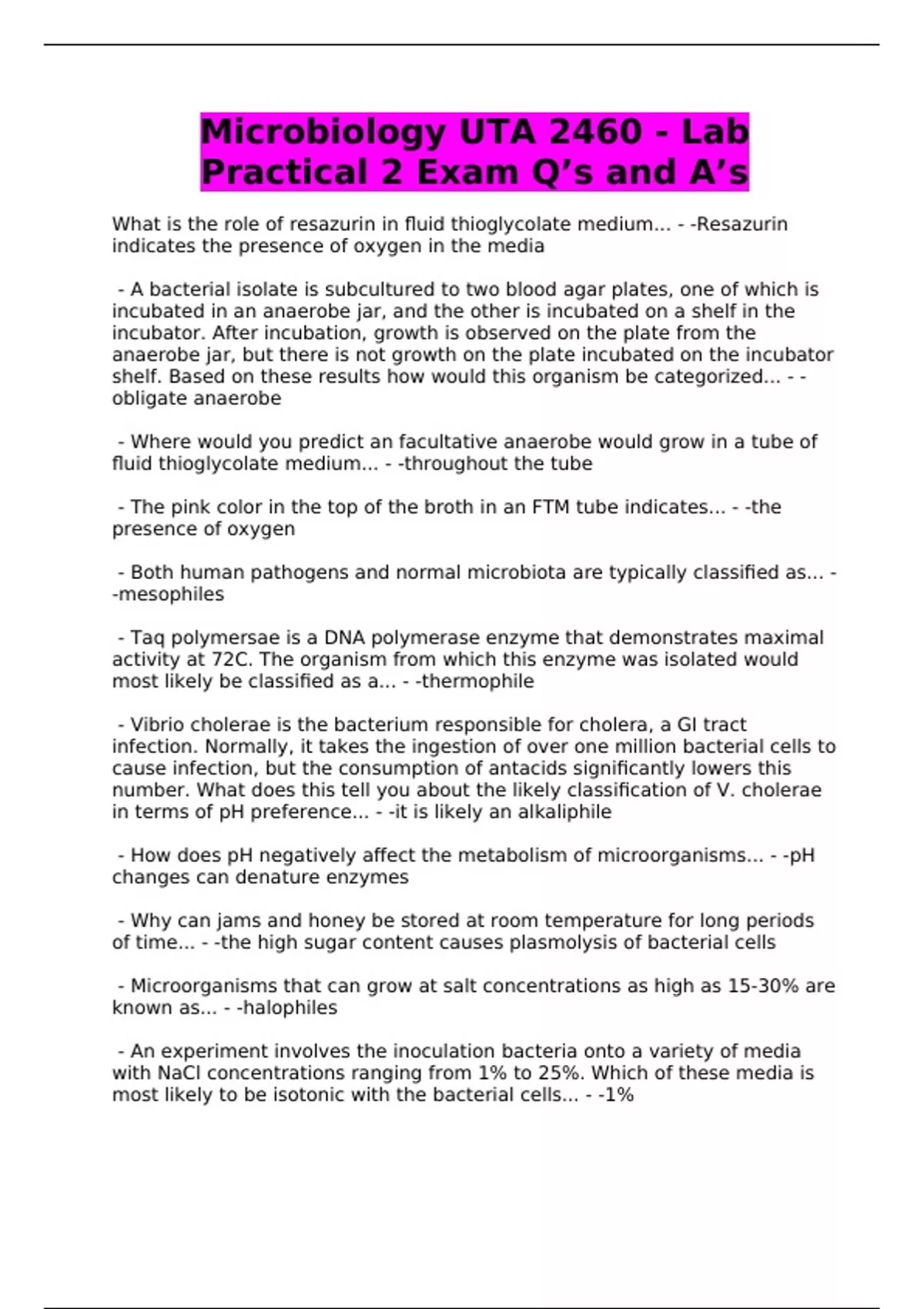 Microbiology UTA 2460 - Lab Practical 2 Exam Q’s and A’s - Microbiology UTA 2460 - Lab Practical ...