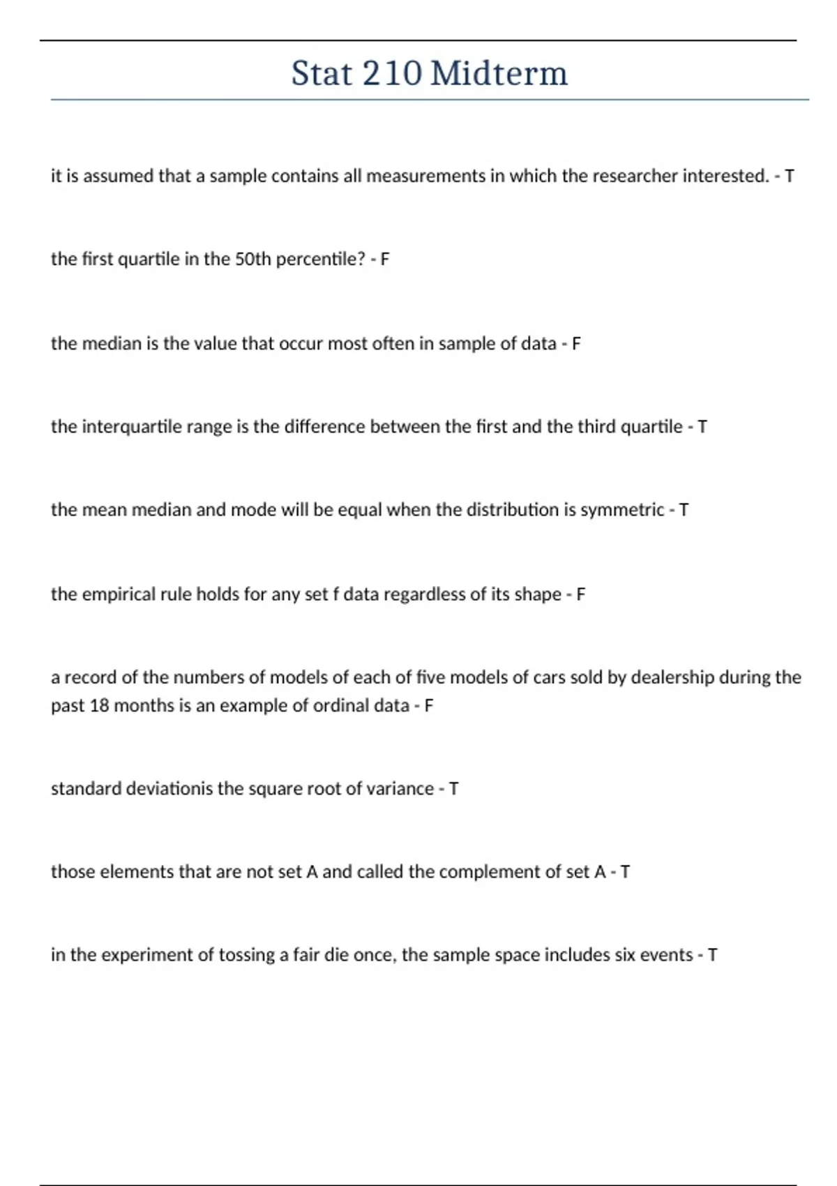 Stat 210 Midterm With Complete Solutions Latest Update Stat 210