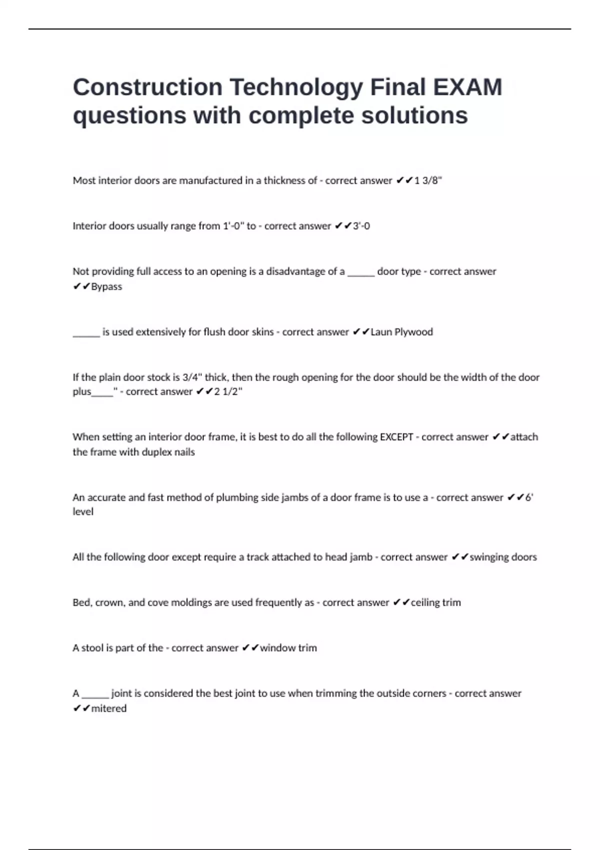 Construction Technology Final EXAM questions with complete solutions ...